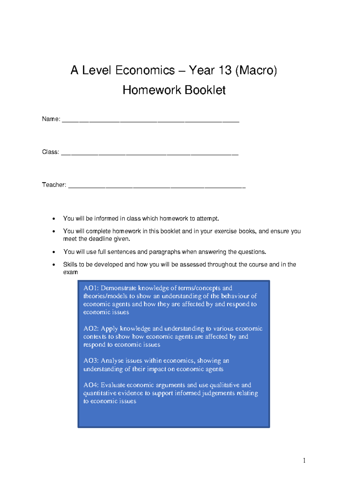 Year 13 Macro Economics Homework Booklet - A Level Economics – Year 13 ...