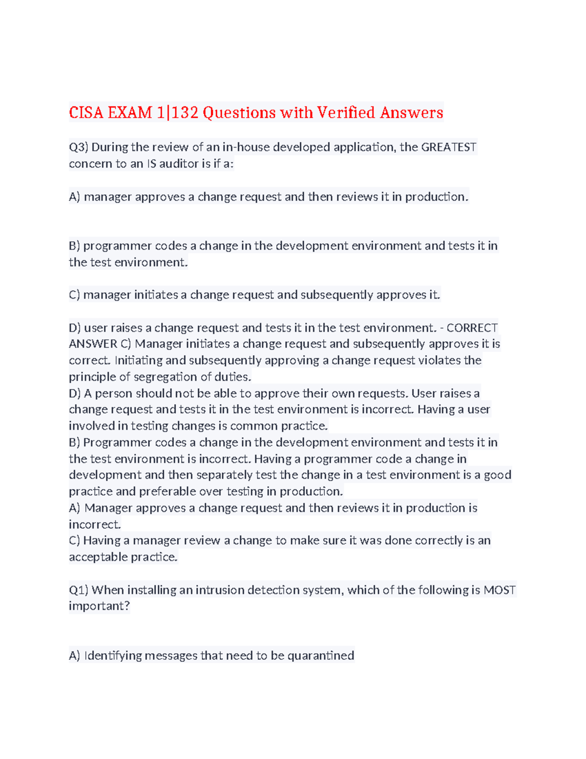 CISA EXAM 1CISA EXAM 1 Questions with Verified Answers - CISA EXAM 1 ...
