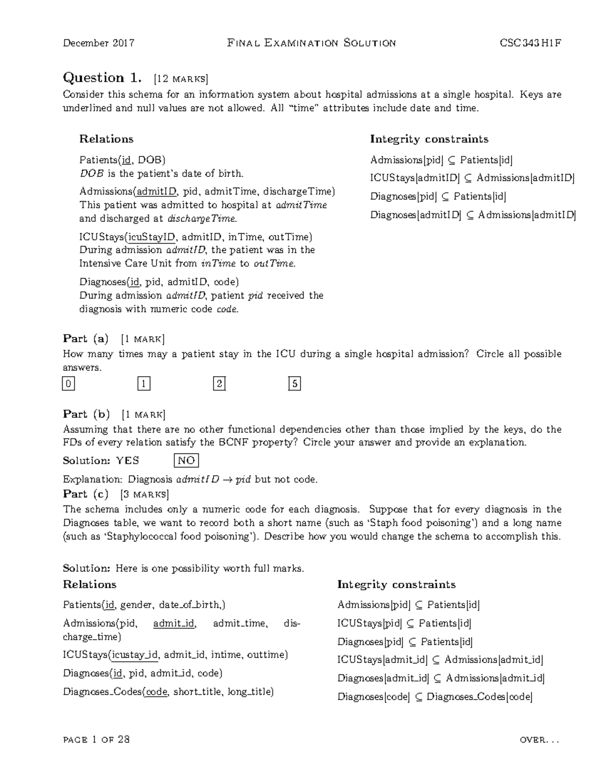 CSC343H1 2017 9 631650765113 csc343h-f17-solutions - Question 1. [12 ...