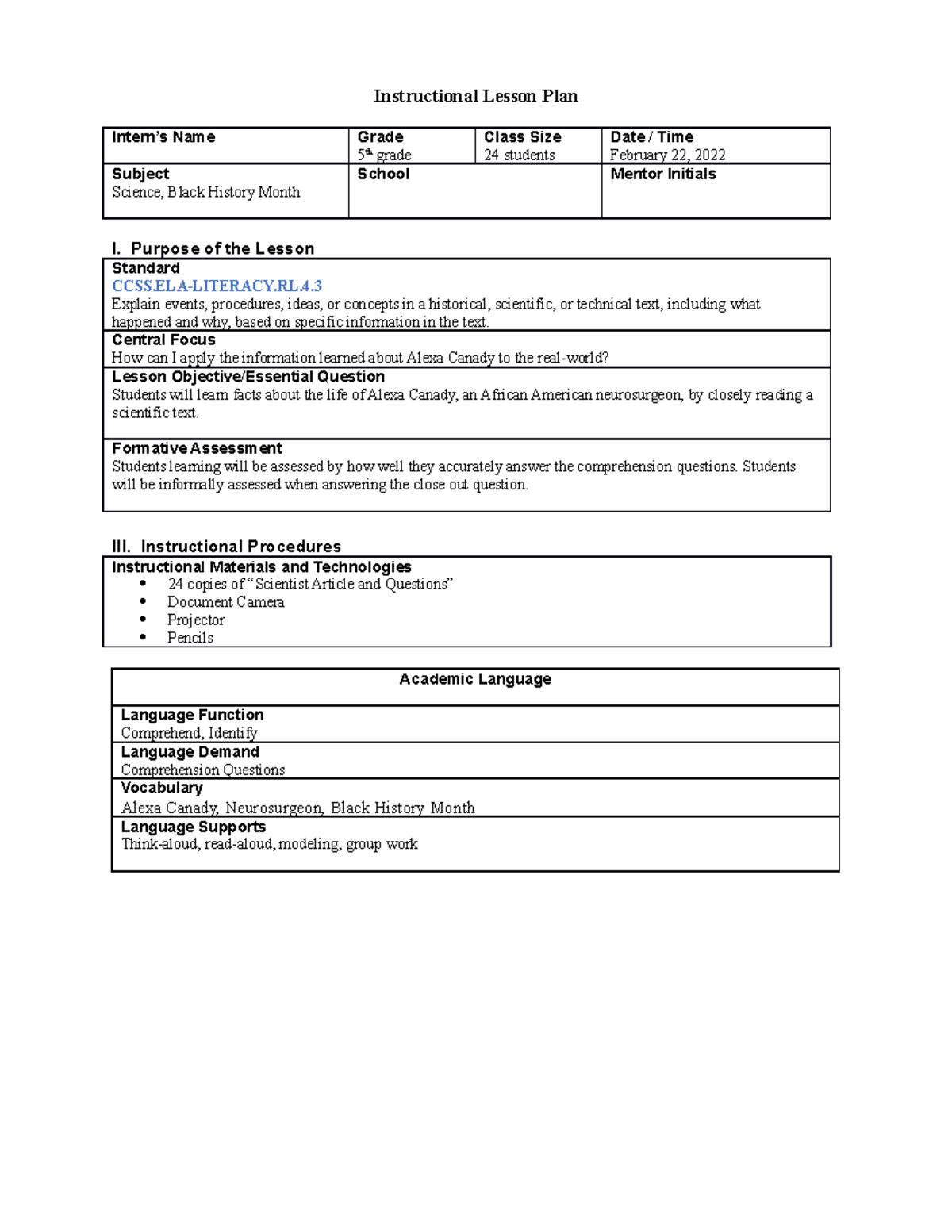 Alexa Canady Lesson Plan - Instructional Lesson Plan Intern’s Name ...