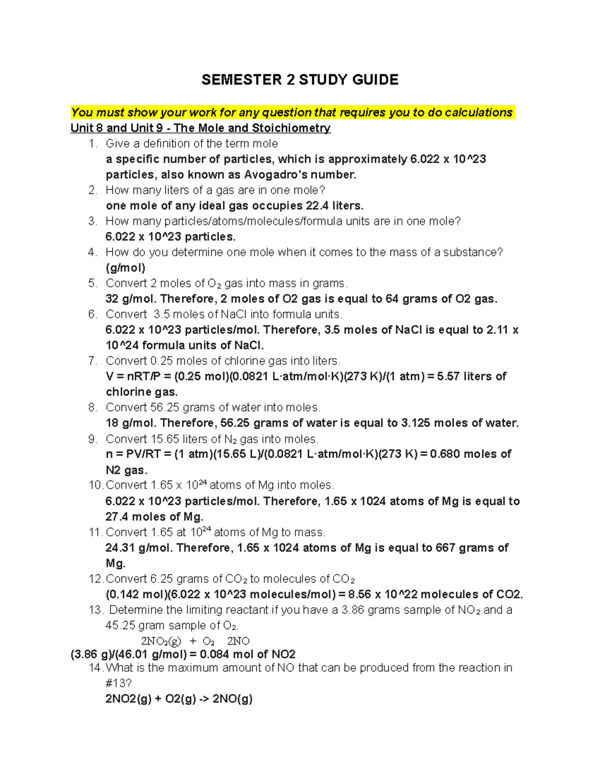 Semester 2 Study Guide - SEMESTER 2 STUDY GUIDE You must show your work ...