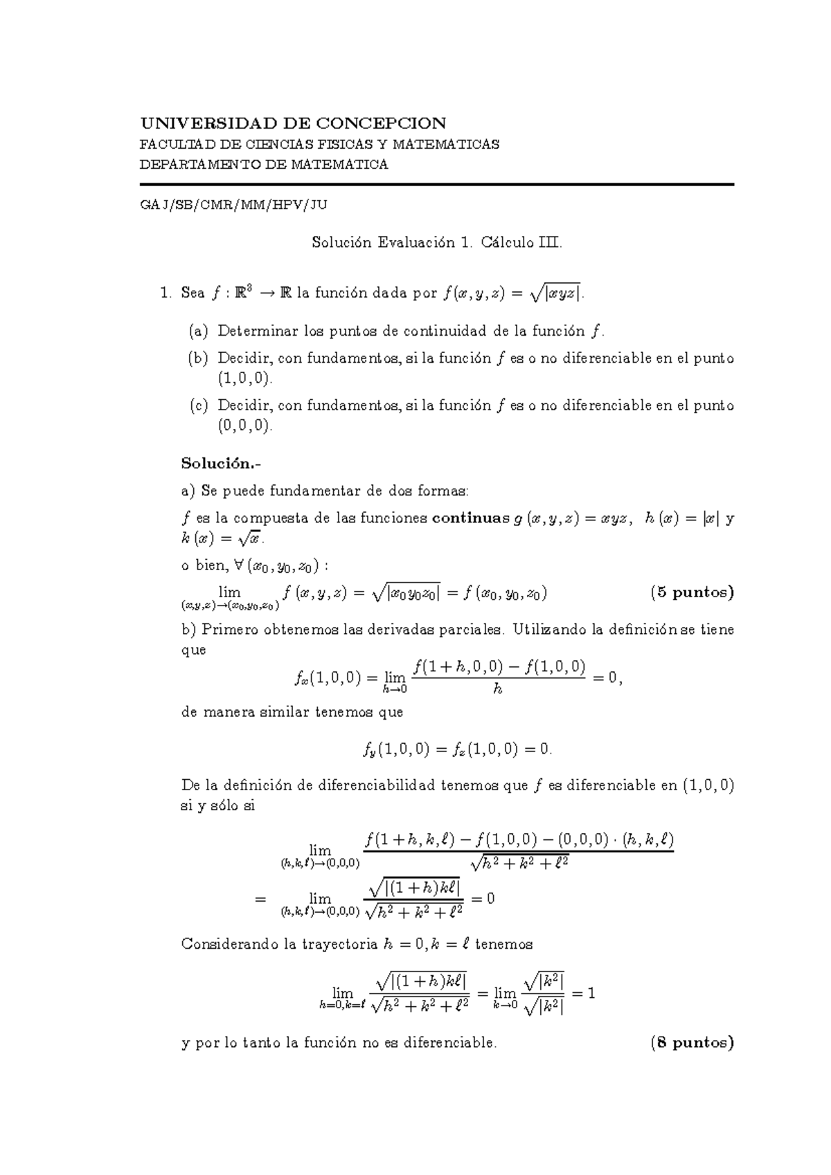 Sol Ev 1Prob1 - Calculo III - UNIVERSIDAD DE CONCEPCION FACULTAD DE CIENCIAS FISICAS Y ...