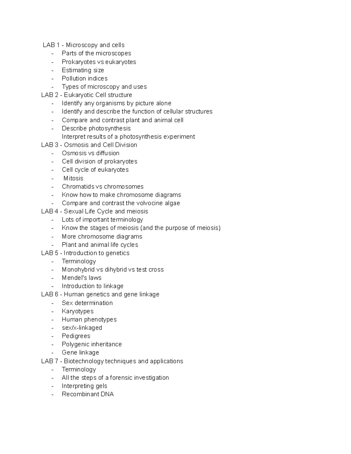 BIO 120 Lab Final Study Guide - LAB 1 - Microscopy and cells - Parts of ...