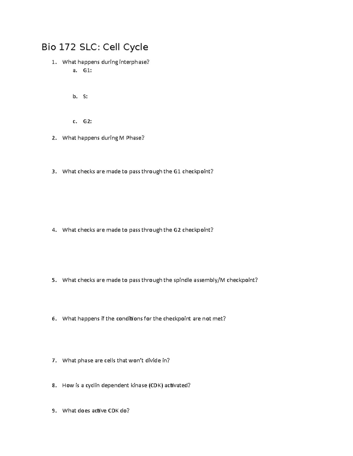 Worksheet Cell Cycle - Bio 172 SLC: Cell Cycle 1. What happens during ...
