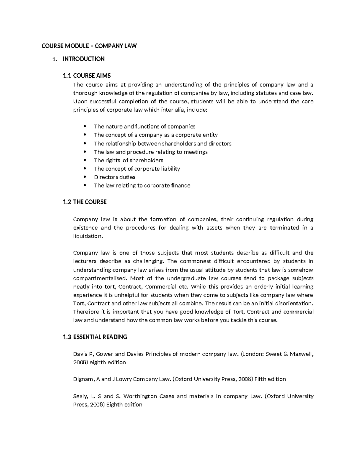 Company law notes - COURSE MODULE – COMPANY LAW 1. INTRODUCTION 1 ...