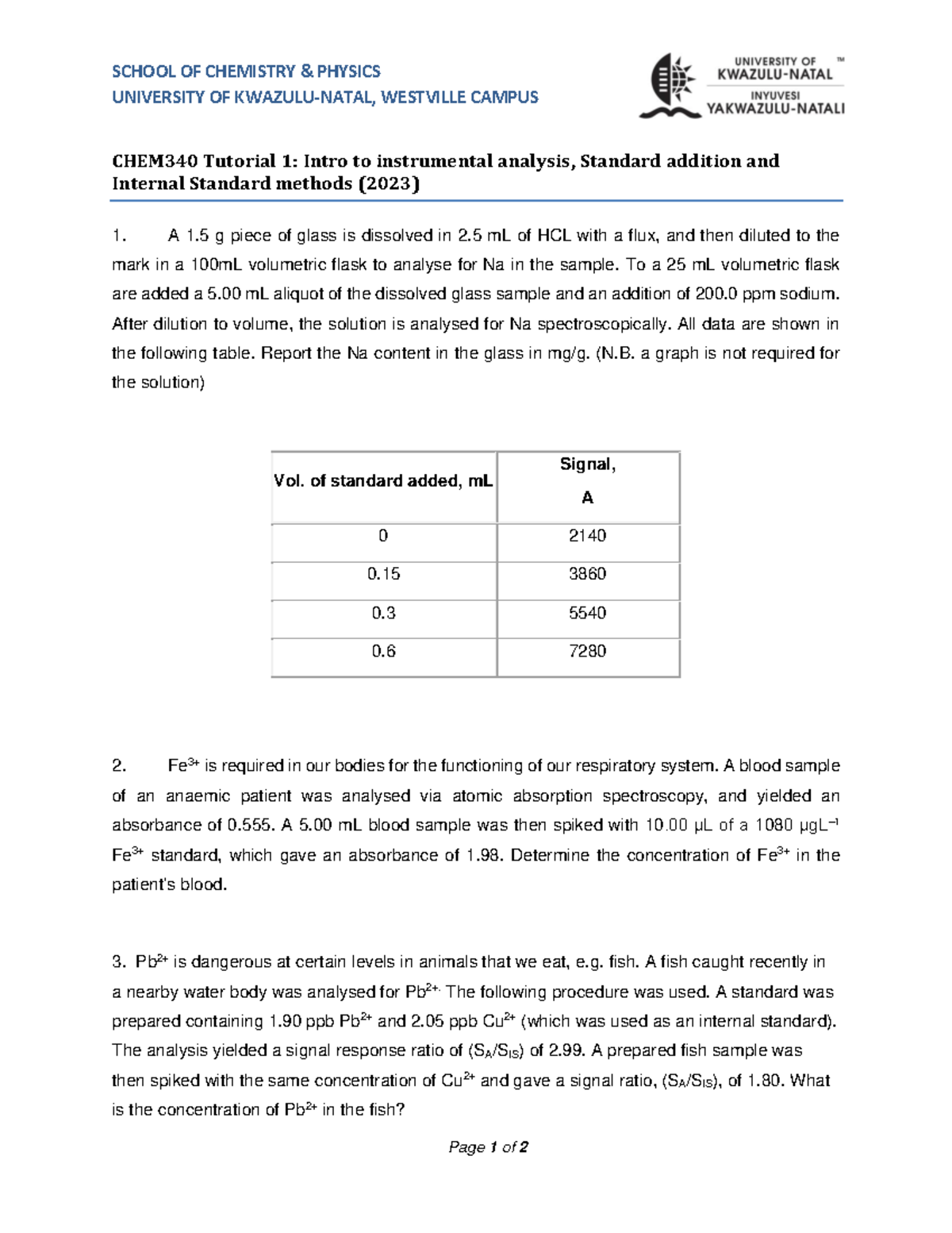 CHEM340 Tutorial 1 Std addition and Internal Std 2023 - SCHOOL OF ...