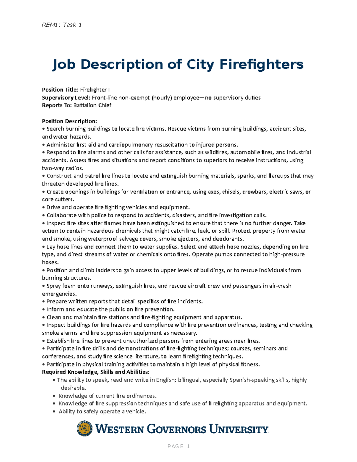 Job Description of Firefighters - REM1: Task 1 Job Description of City ...
