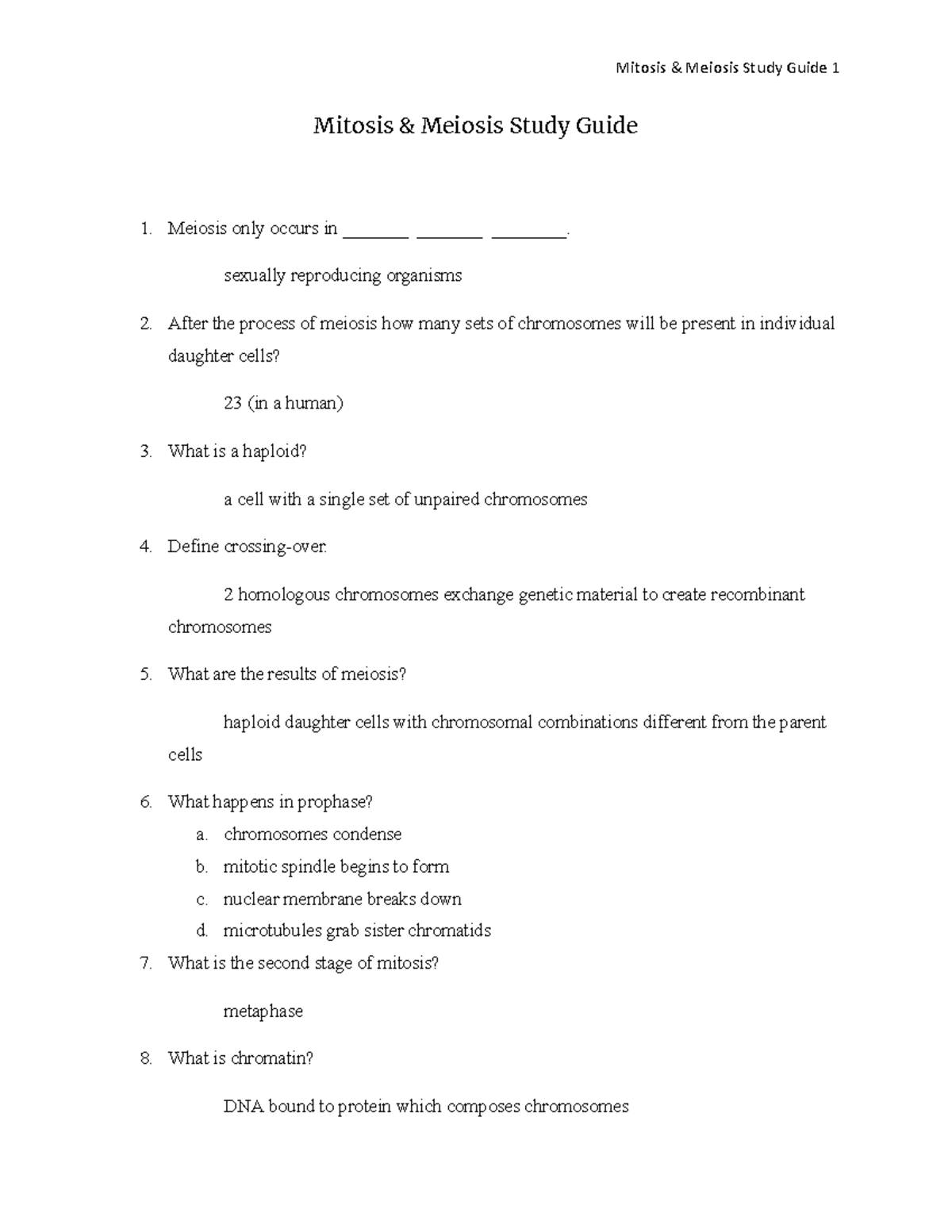 Mitosis & Meiosis Study Guide - Mitosis & Meiosis Study Guide 1 Mitosis ...