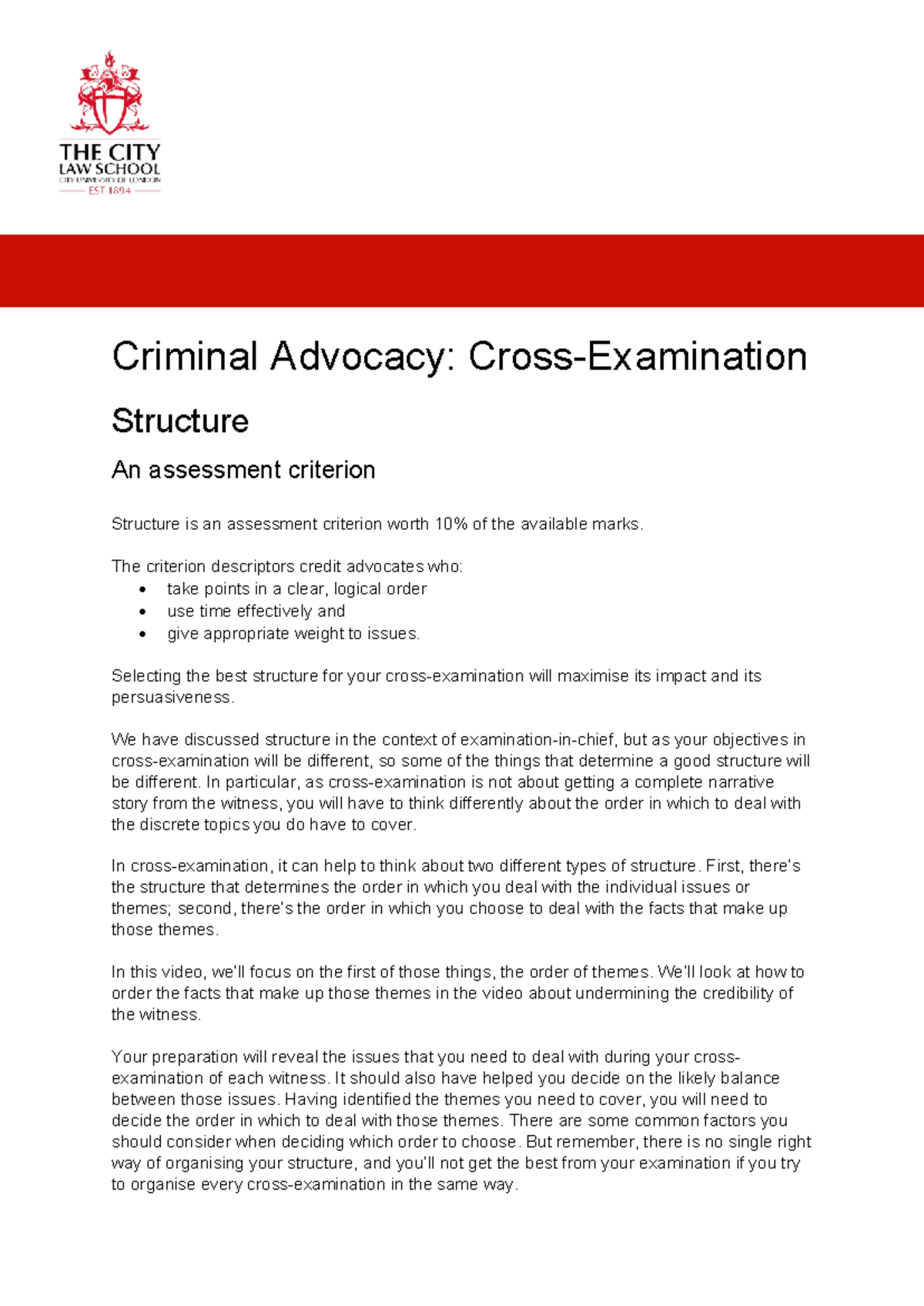 XX structure - assessment criterion - Criminal Advocacy: Cross ...