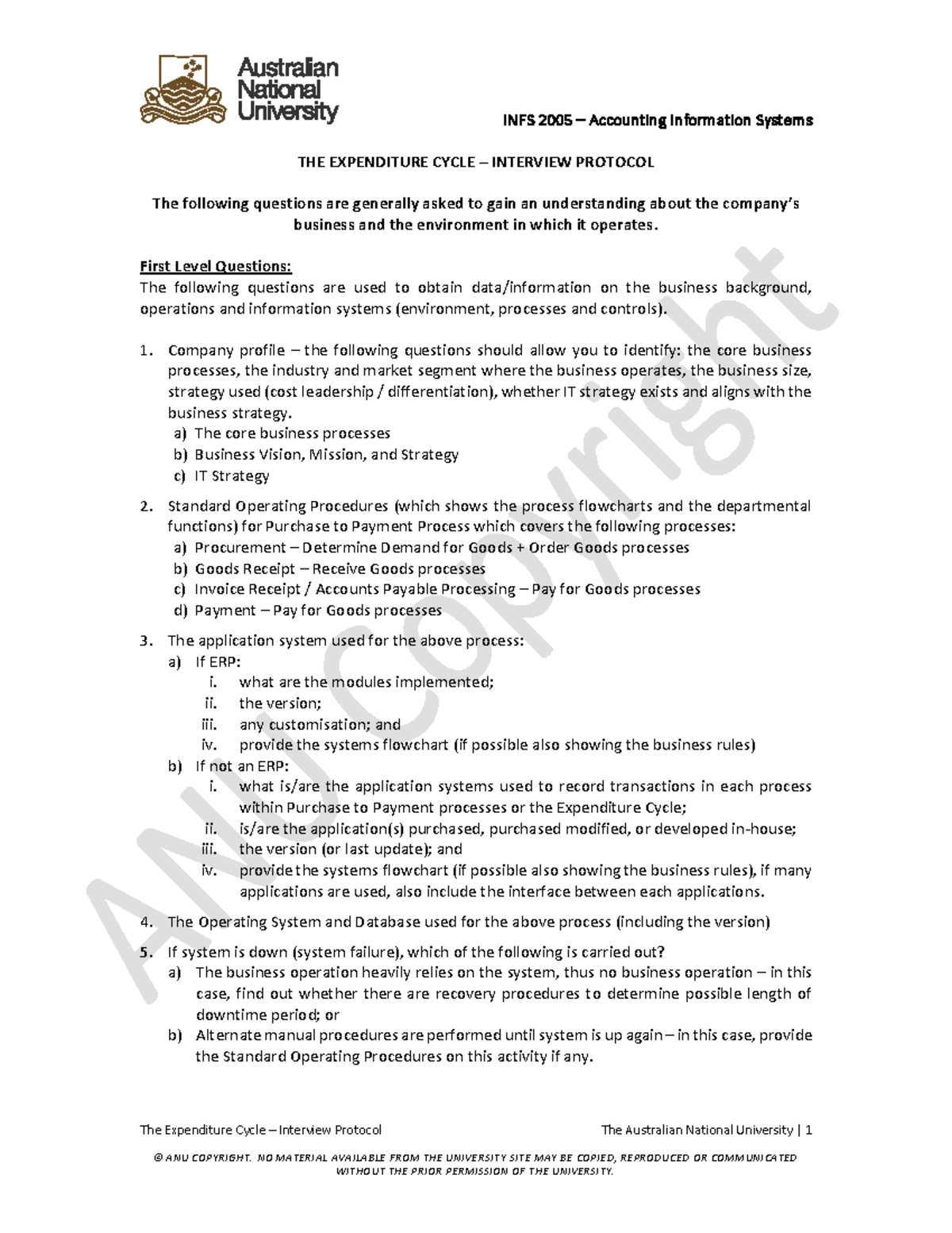 The Expenditure Cycle - Interview Protocol S12020 INFS2005 - The Expenditure Cycle – Interview ...