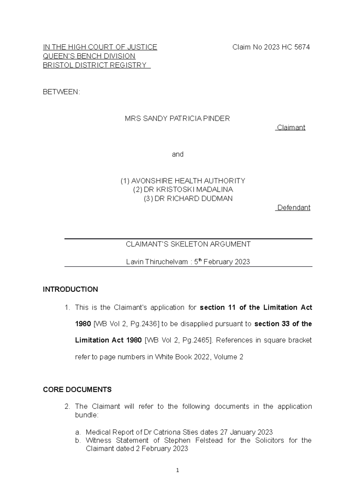 Claimant's Skeleton Argument - IN THE HIGH COURT OF JUSTICE Claim No ...