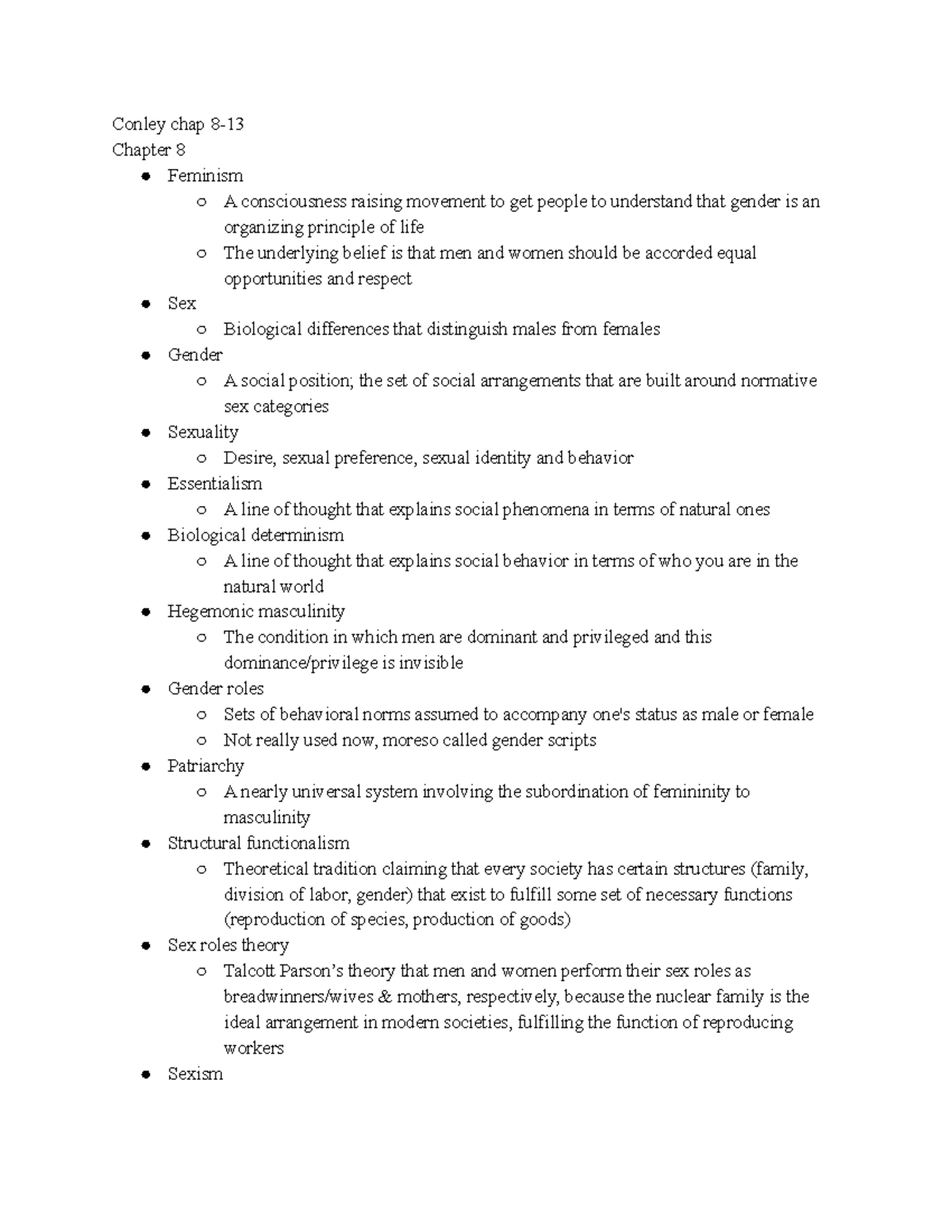 Conley chap 8-10 - Notes from required readings chapters 8-10 SOC 001 ...