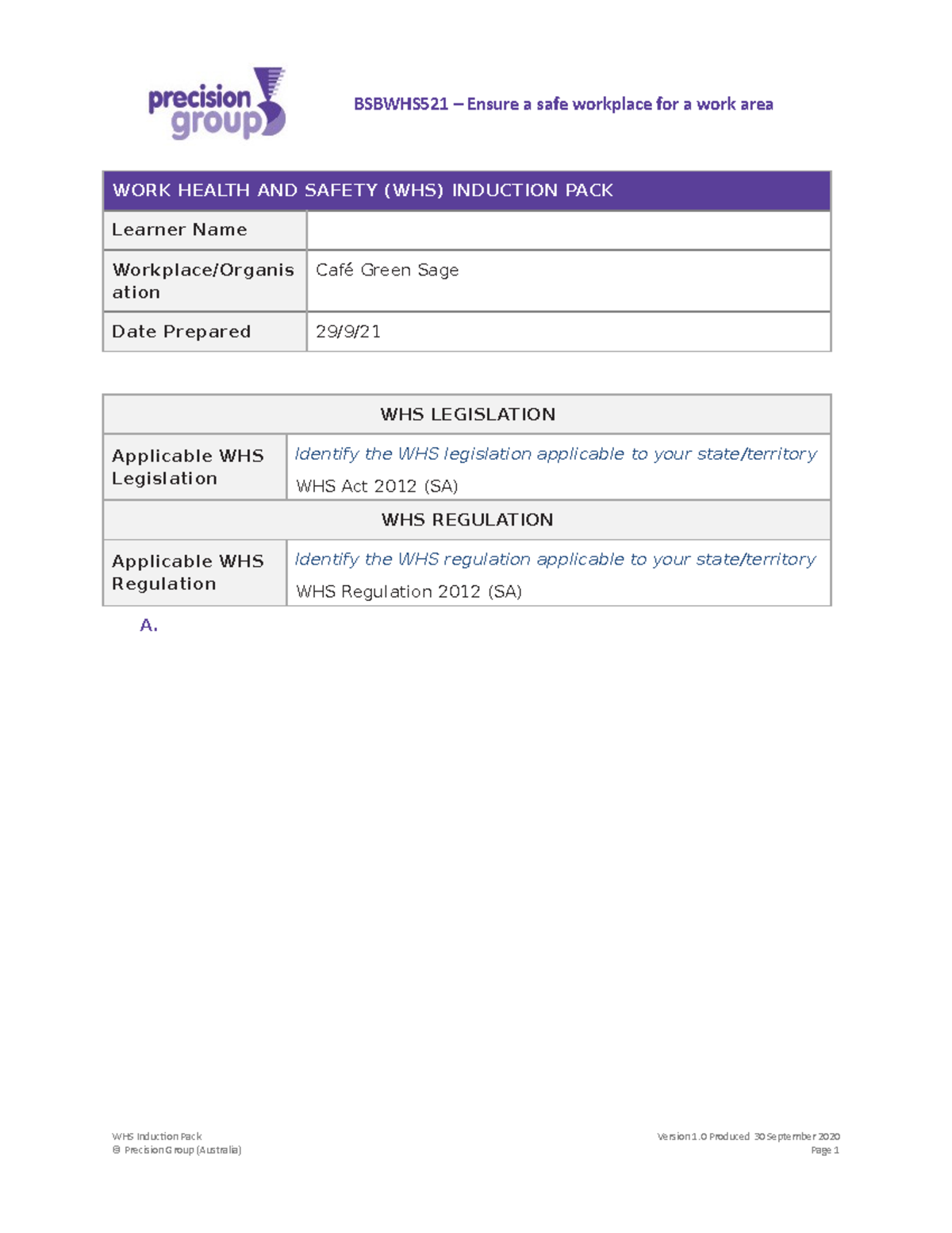 4 WHS-Induction-Pack - assignment - BSBWHS521 – Ensure a safe workplace ...