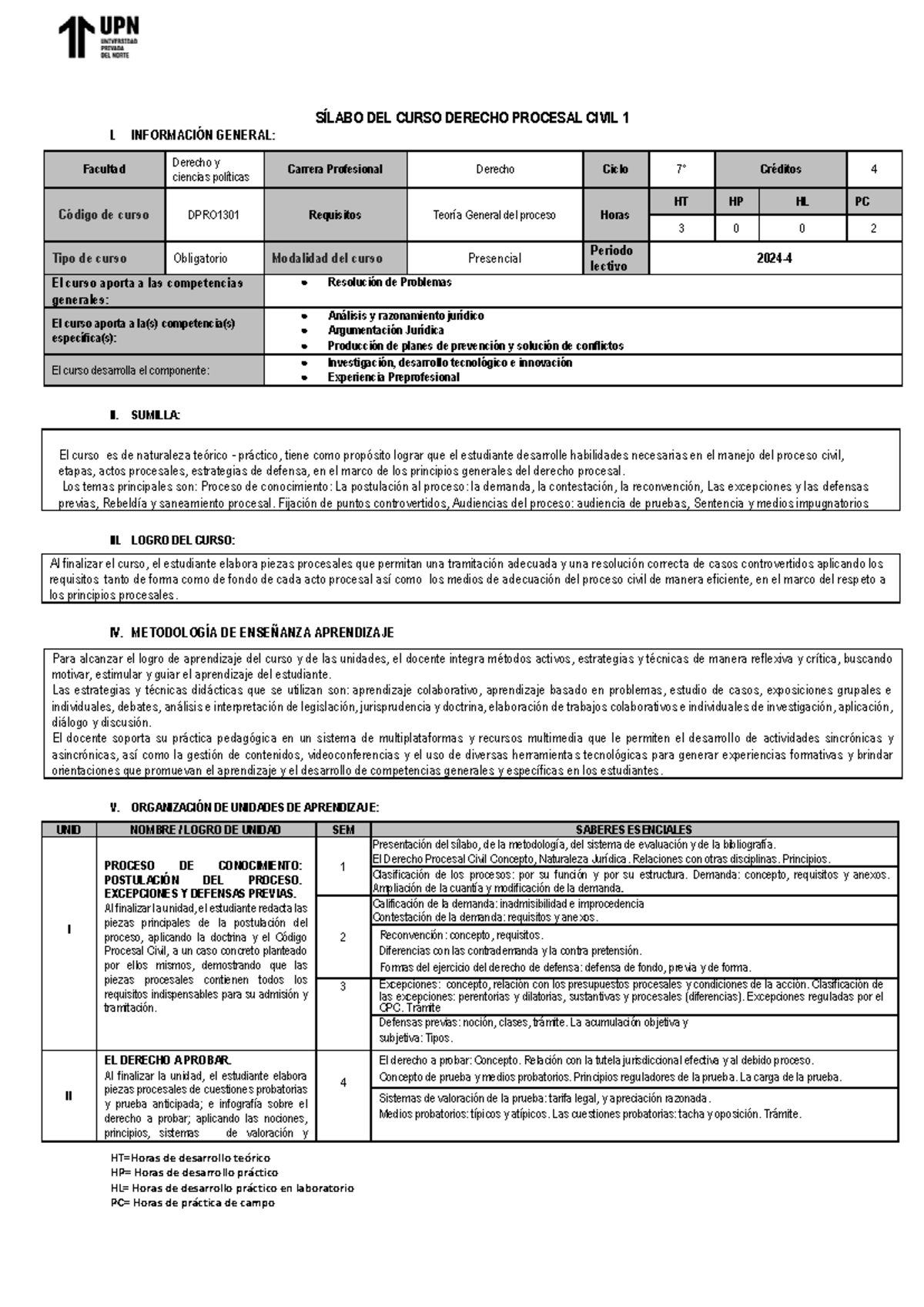 Silabo Procesal Civil 1 -7 Ciclo - HT=Horas de desarrollo teórico HP= Horas de desarrollo ...