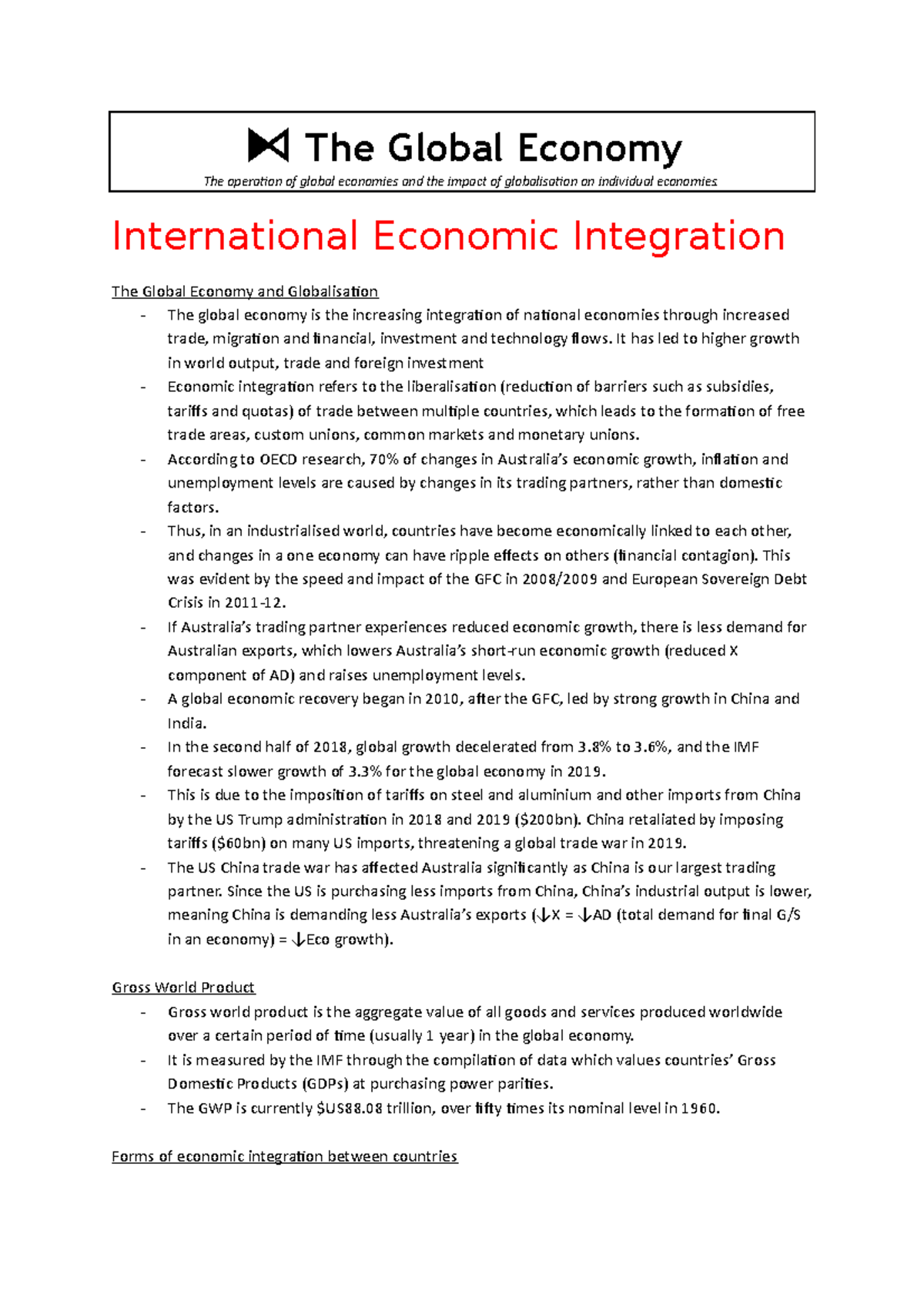 COMM1110 week 1 lecture part 2 - ⧑ The Global Economy The operation of ...