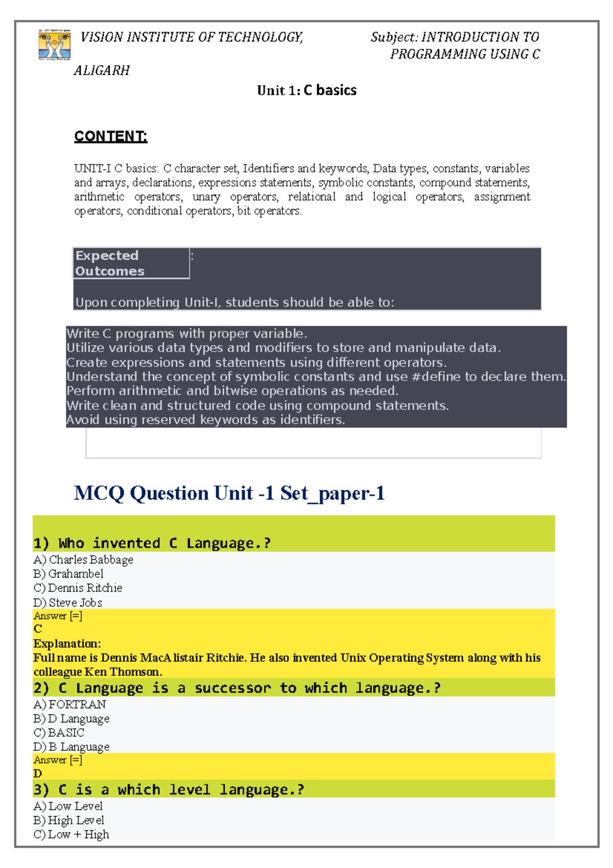 MCQ UNIT-1 C programimg - Write C programs with proper variable ...