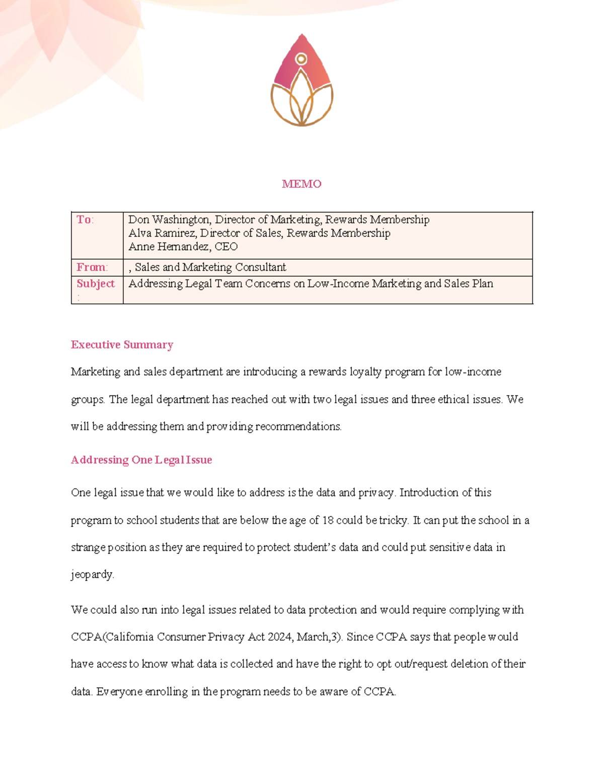 7-2 Response Memo Revised - MEMO To: Don Washington, Director of Marketing, Rewards Membership ...