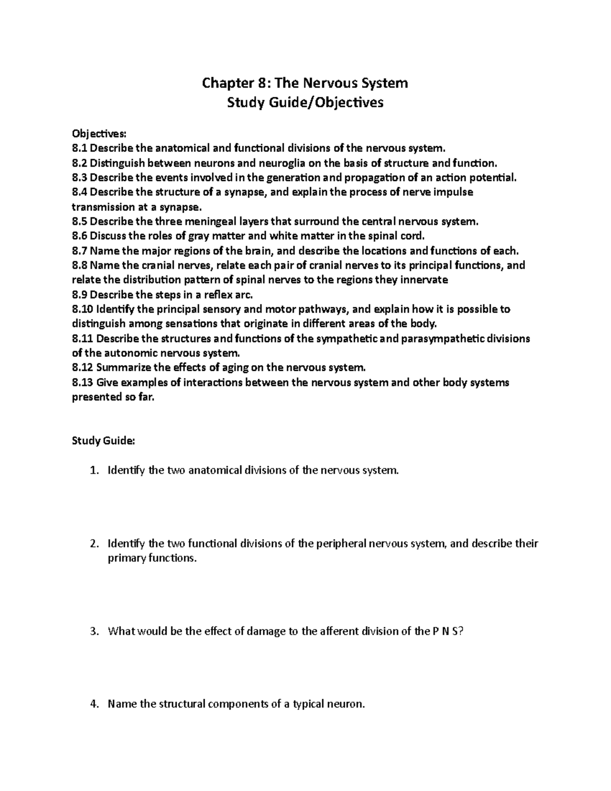 Chapter 8 Nervous System - Chapter 8: The Nervous System Study Guide ...