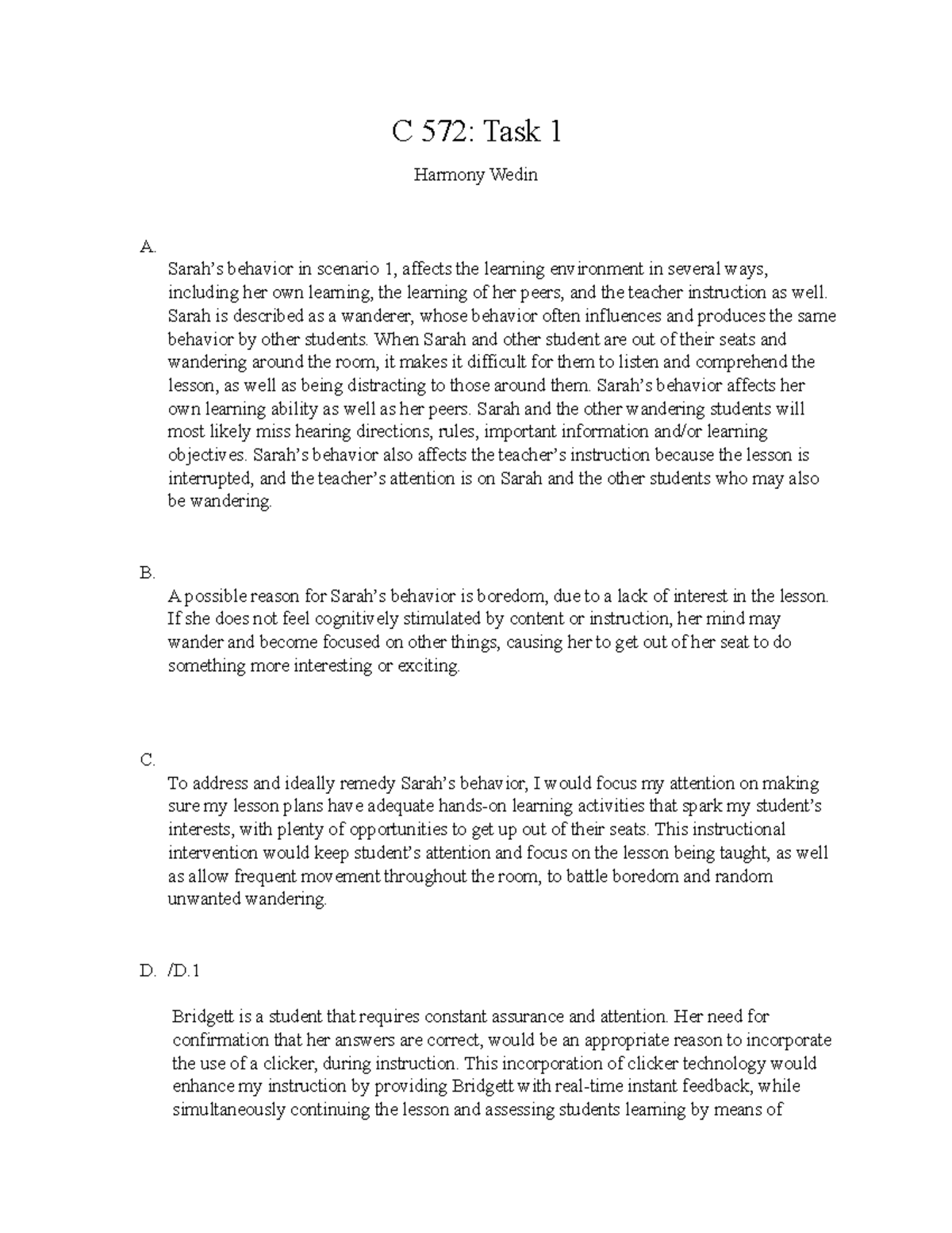 C 572 Task 1 - Student scenarios - C 572: Task 1 Harmony Wedin A. Sarah ...