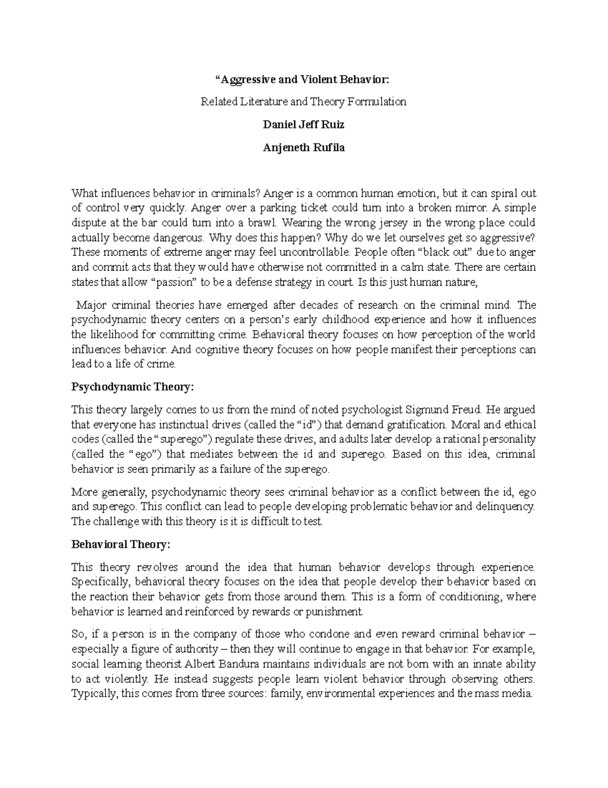 Theory Formulation - “Aggressive and Violent Behavior: Related ...