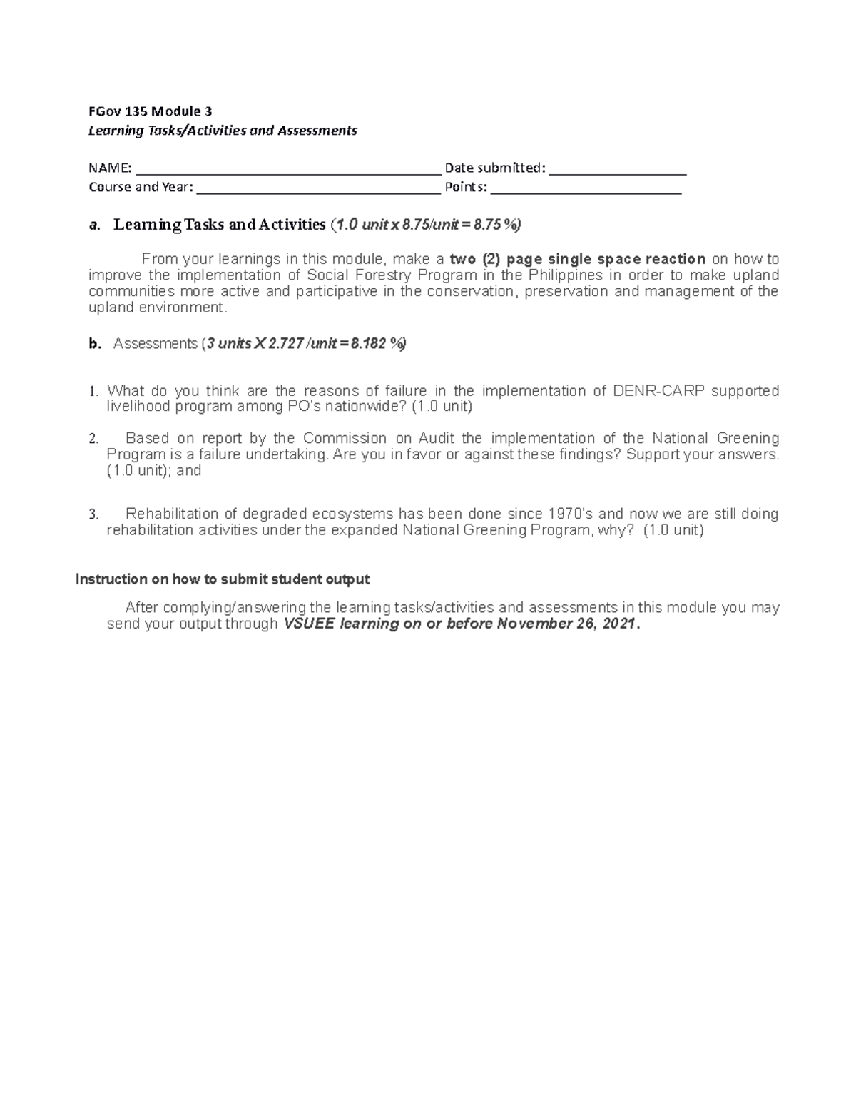 FGov 135 - Module 3 Learning Tasks or Activities and Assessments - FGov 135 Module 3 Learning ...