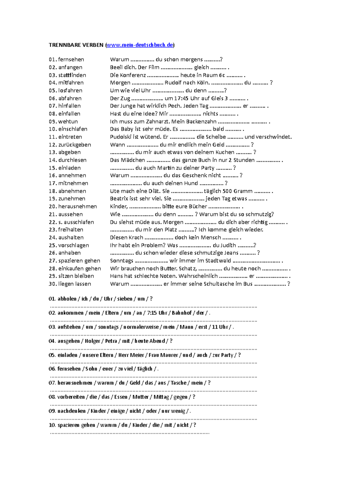Trennbare Verben übungen 2 - TRENNBARE VERBEN (mein-deutschbuch ...