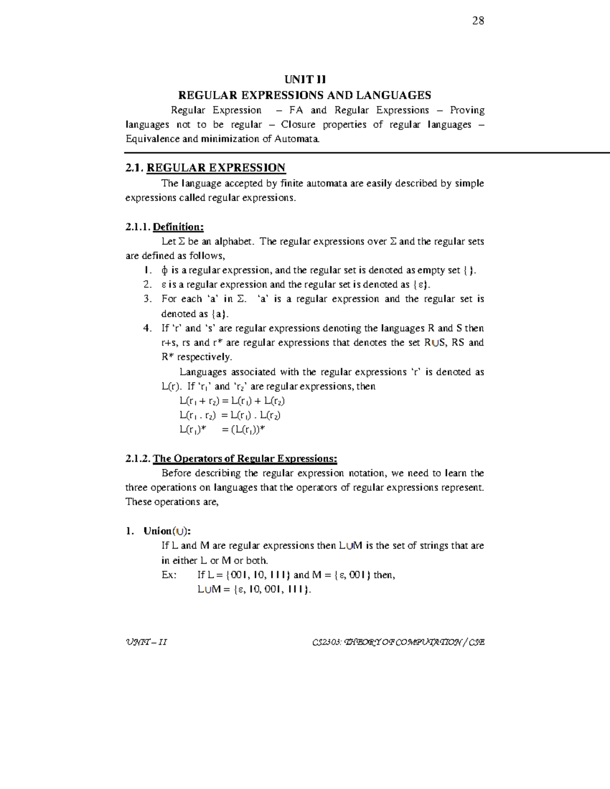 UNIT 2(book) - UNIT II REGULAR EXPRESSIONS AND LANGUAGES Regular Expression – FA and Regular ...