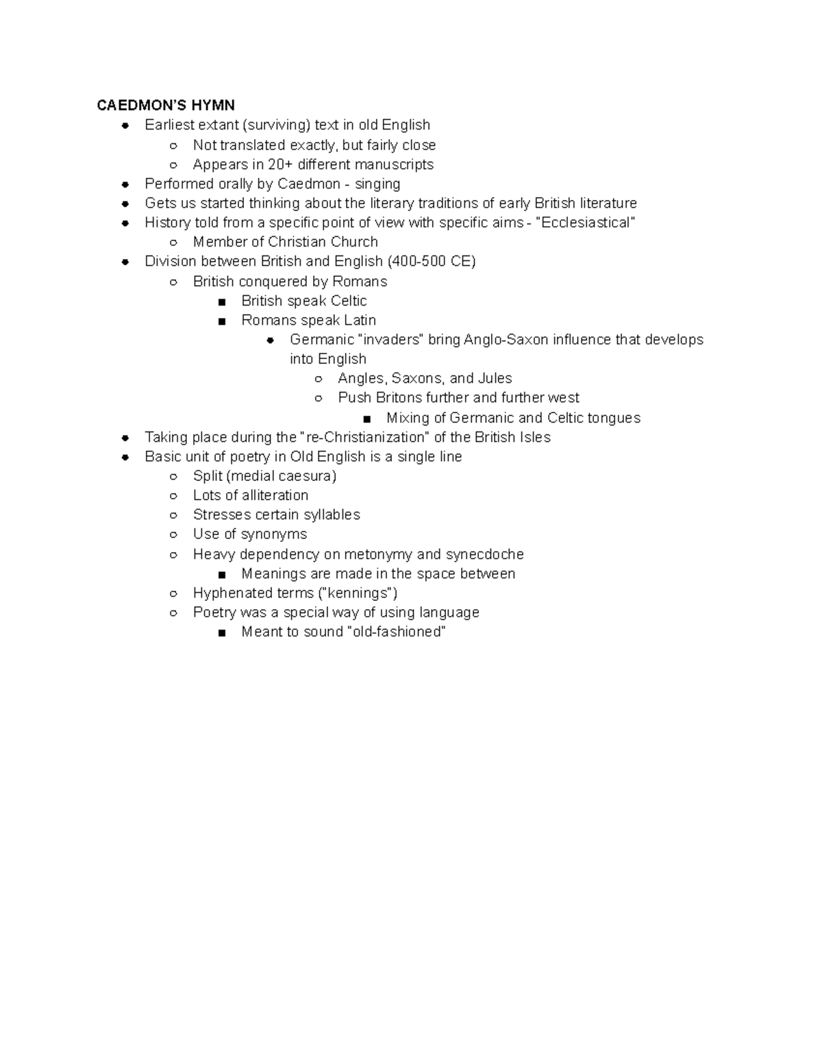 ENG 241 Notes 1 - Caedmon’S HYMN - CAEDMON’S HYMN Earliest extant ...