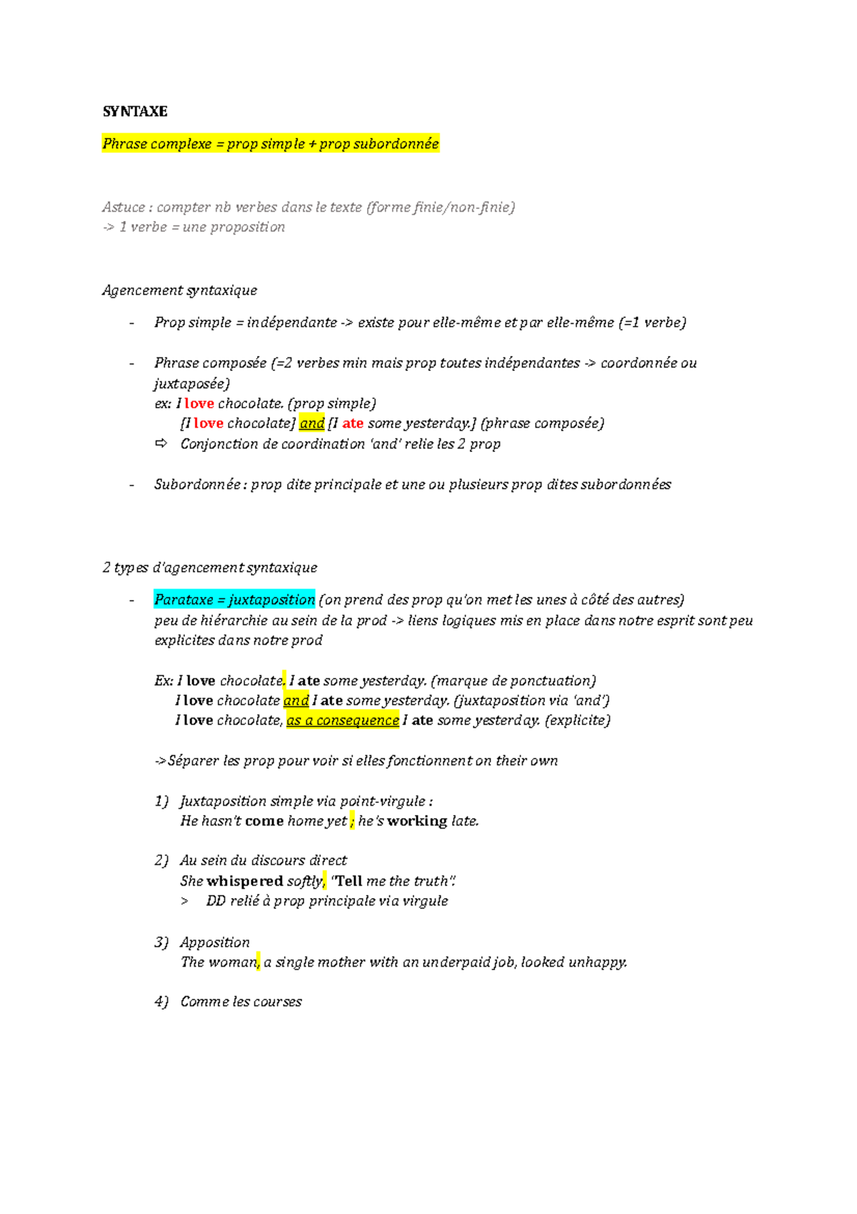 Syntaxe S4 - fiche de - SYNTAXE Phrase complexe = prop simple + prop ...