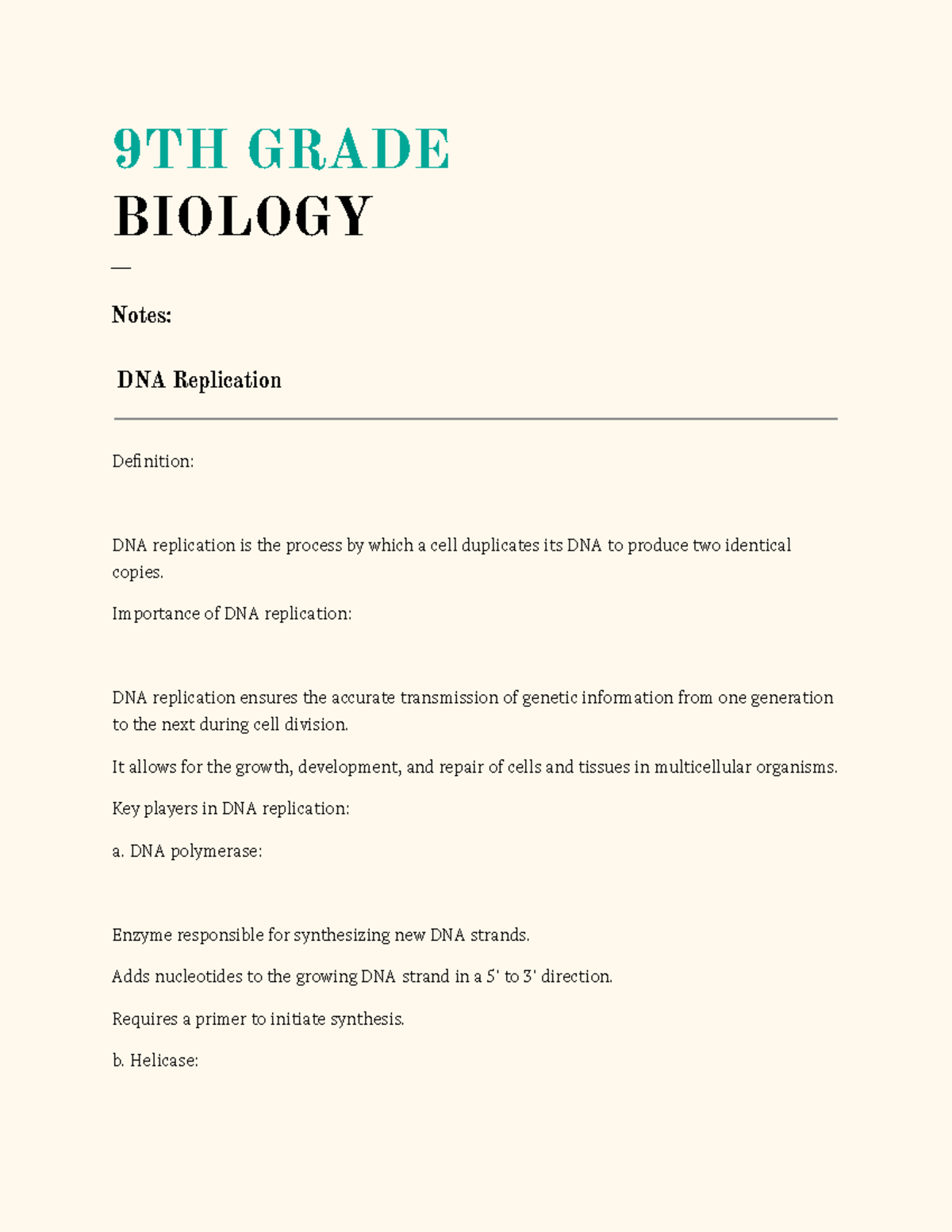 DNA Replication - 9TH GRADE BIOLOGY ___ Notes: DNA Replication ...