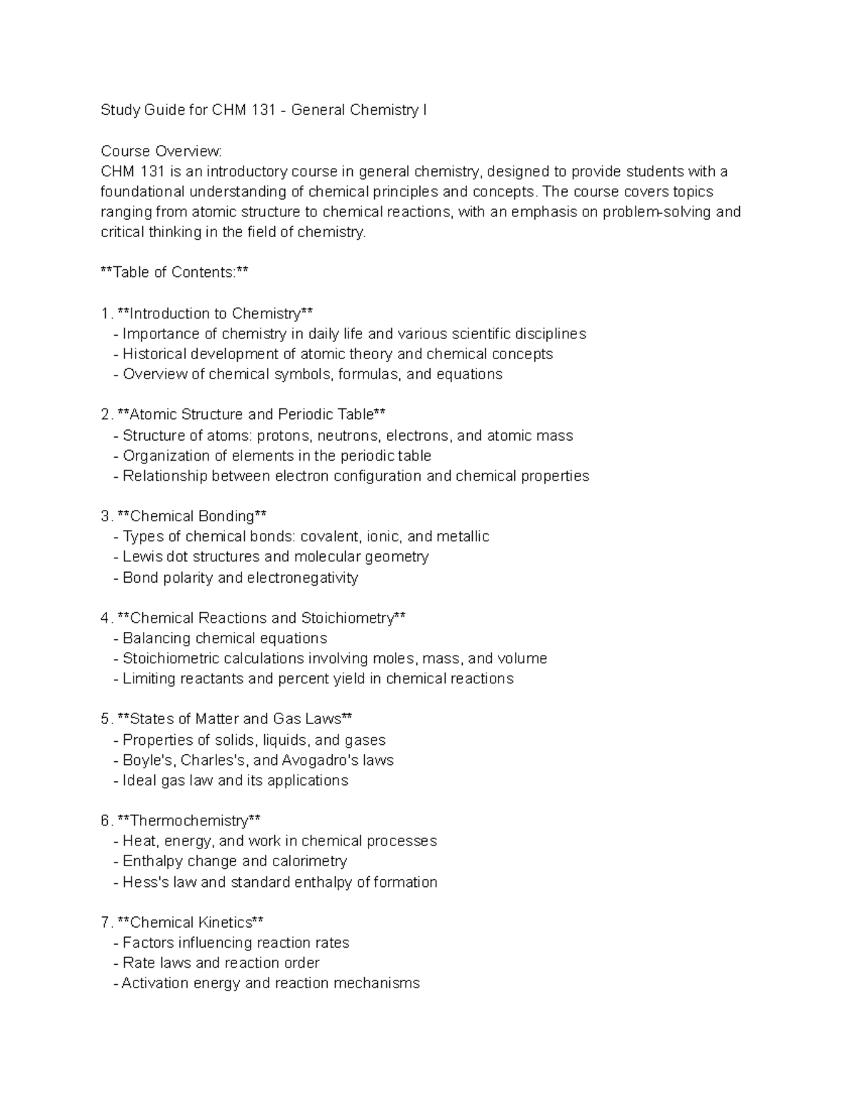 Study Guide for CHM 131 - General Chemistry I - The course covers ...