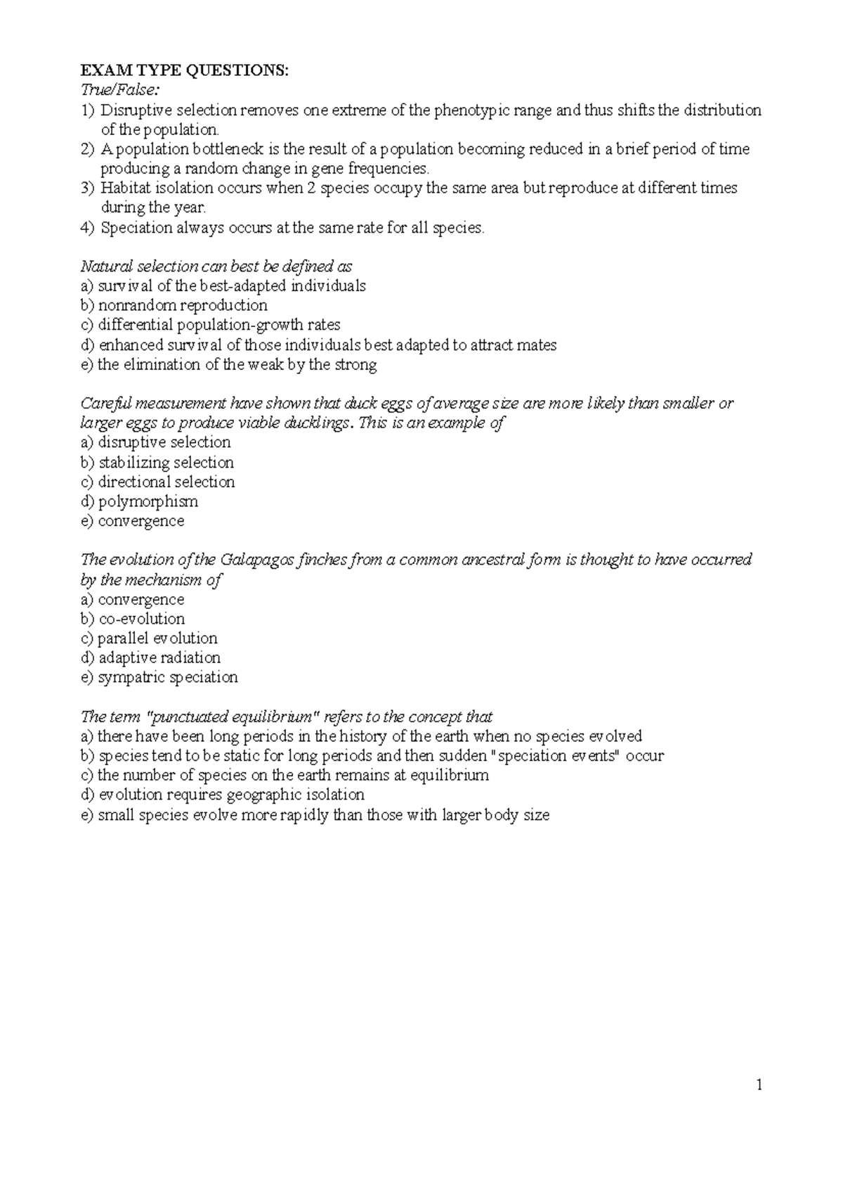 EXAM TYPE Questions EVOLUTION BIO 123 - EXAM TYPE QUESTIONS: True/False ...