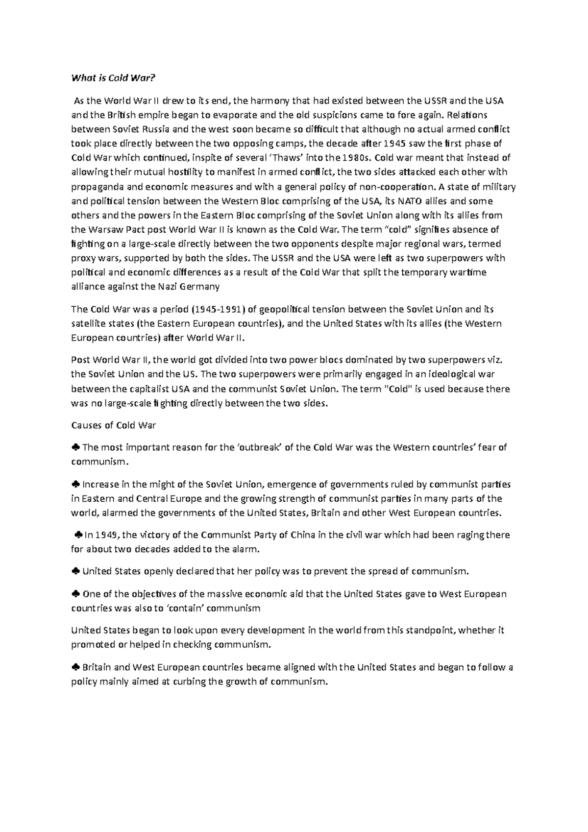 What is Cold War - assignment - What is Cold War? As the World War II ...