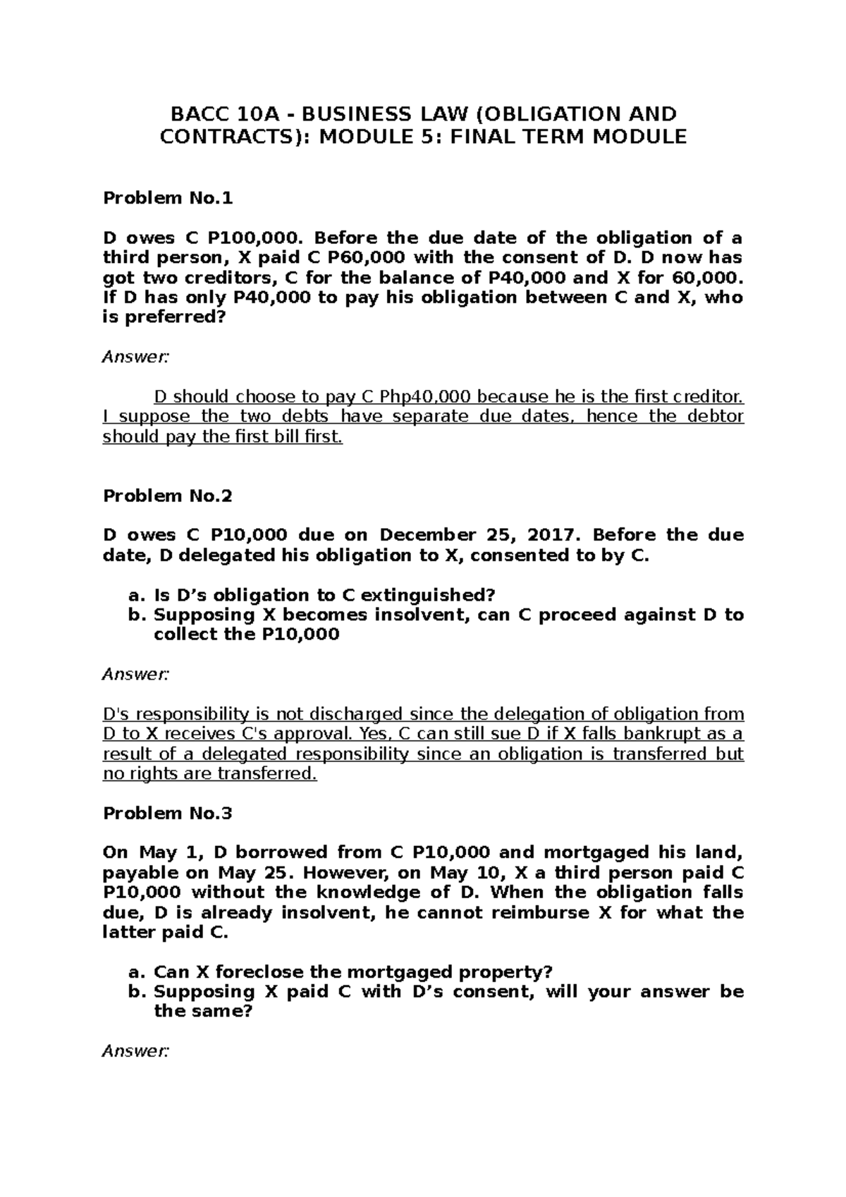 BACC 10A - Business LAW ( Obligation AND Contracts) - Module 5 Final TERM Module - BACC 10A ...