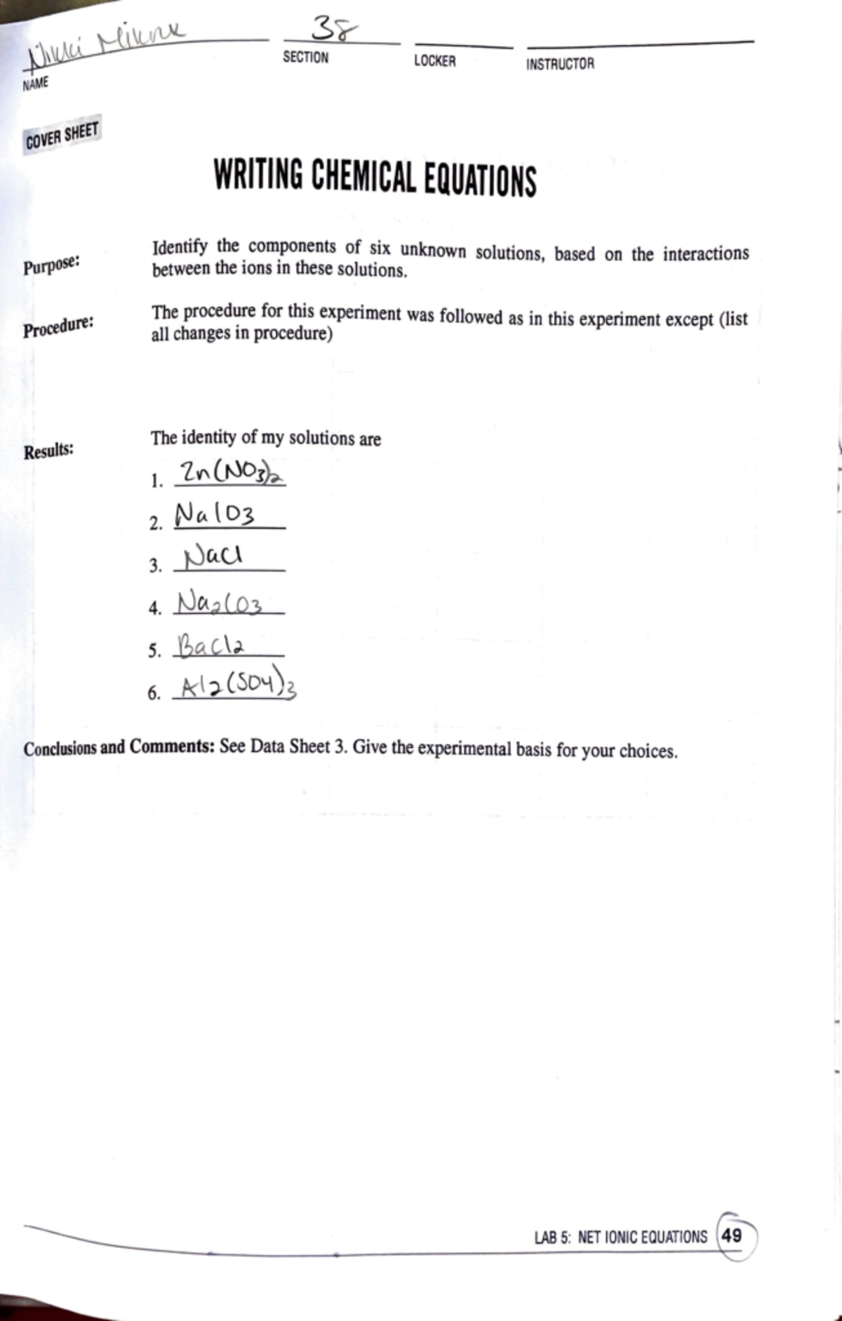 Lab 5 net ionic equations-1 - coVEA SHEET rurpose: Procedure: Results ...