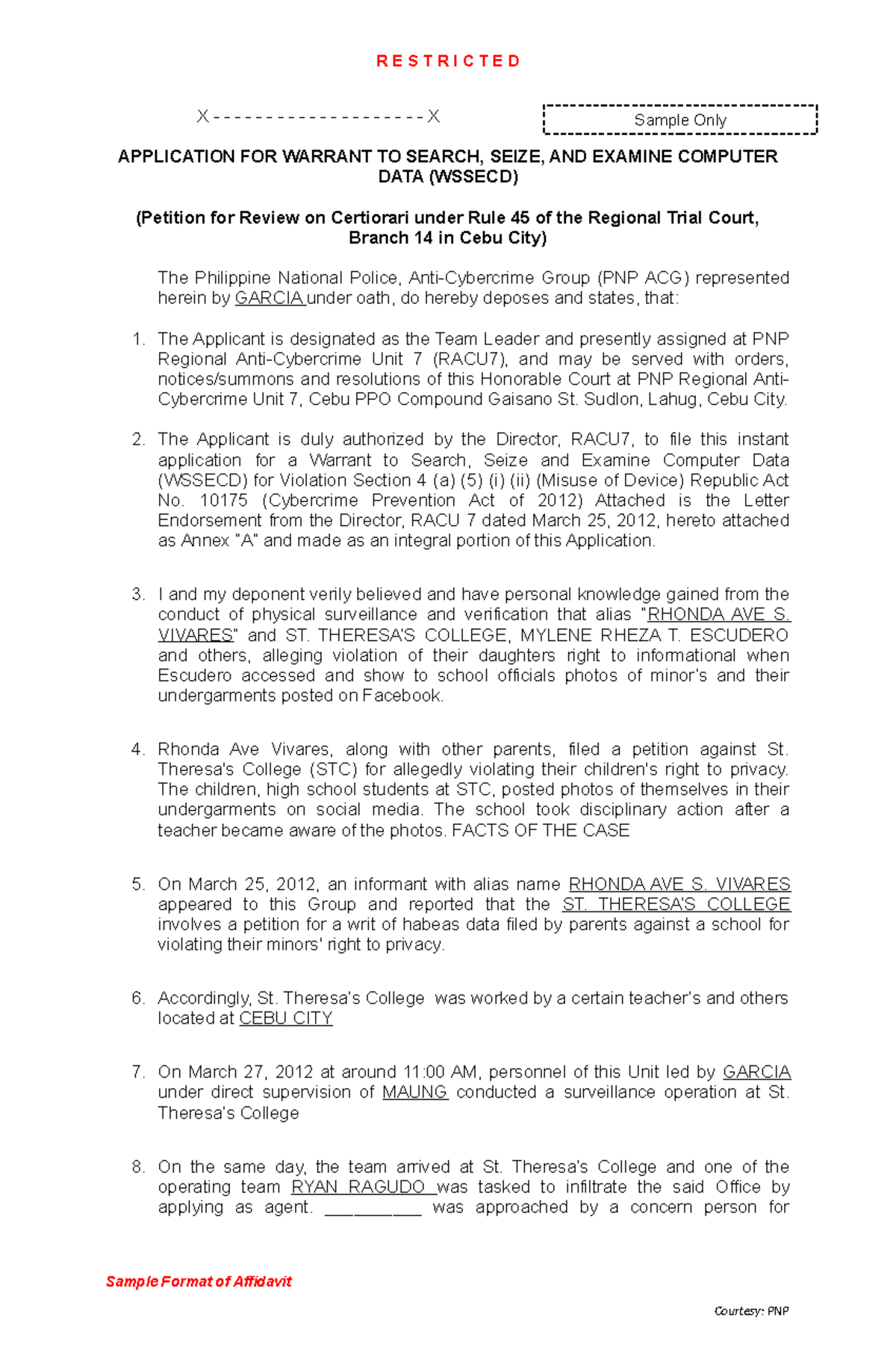 Warrant to Search and Seizure - R E S T R I C T E D X - X APPLICATION ...