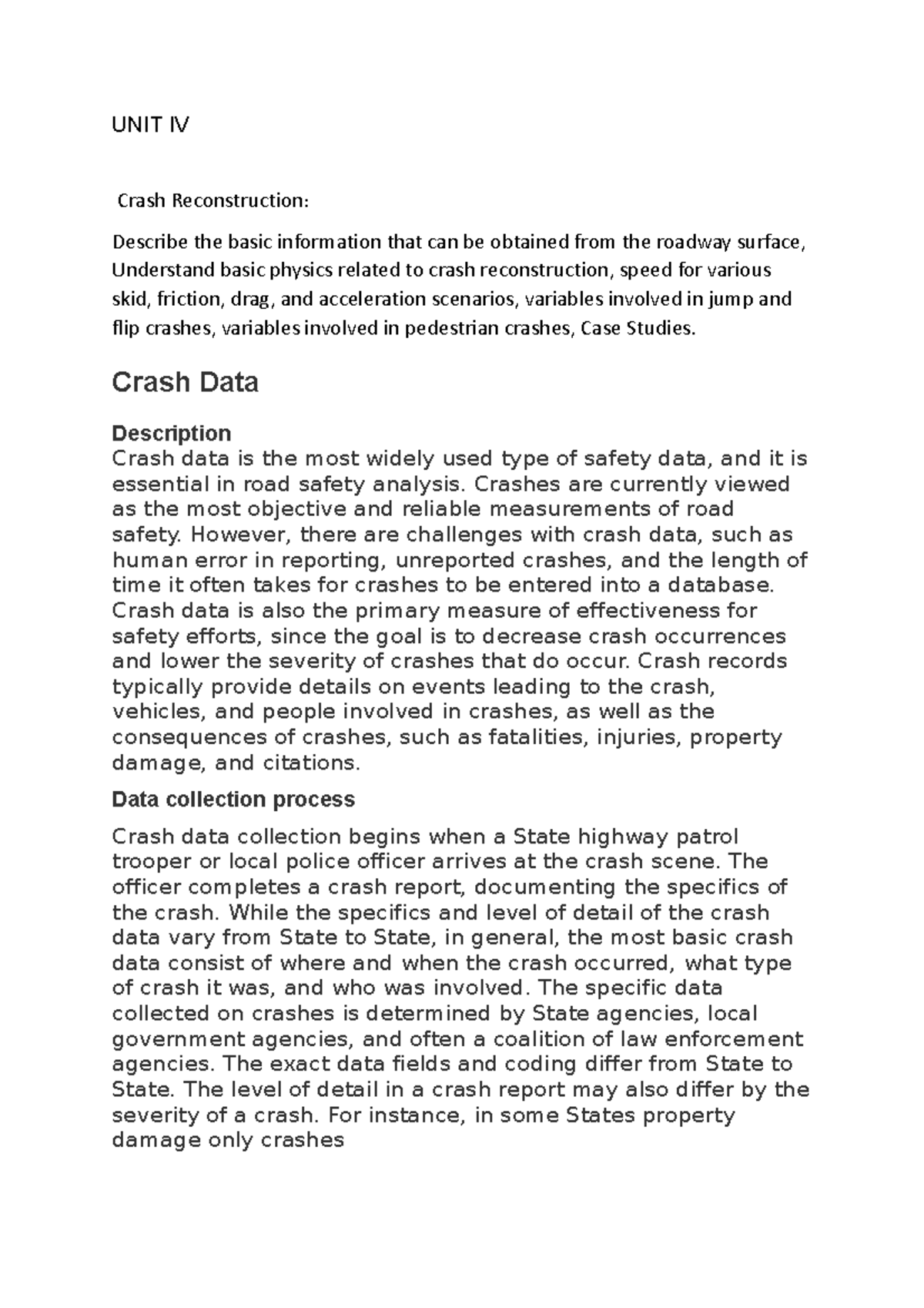 Highway Safety Engineering UNIT -IV - UNIT IV Crash Reconstruction ...