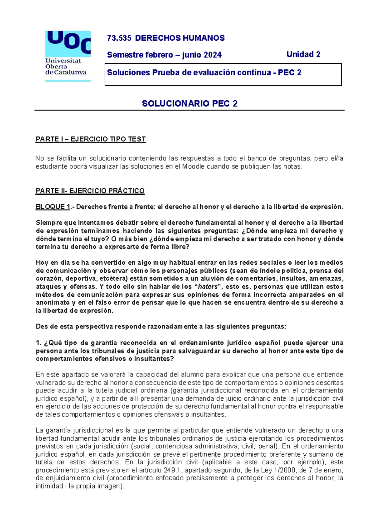 73535 Sol PEC 2 2023-2 - Solución PEC 2 Derechos Humanos - 73 DERECHOS HUMANOS Semestre febrero ...
