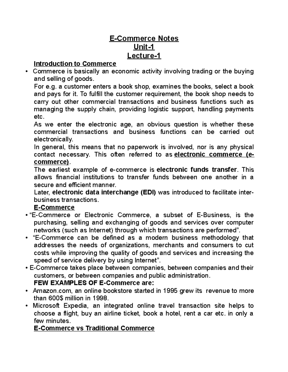 E comm - E-Commerce Notes Unit- Lecture- Introduction to Commerce ...