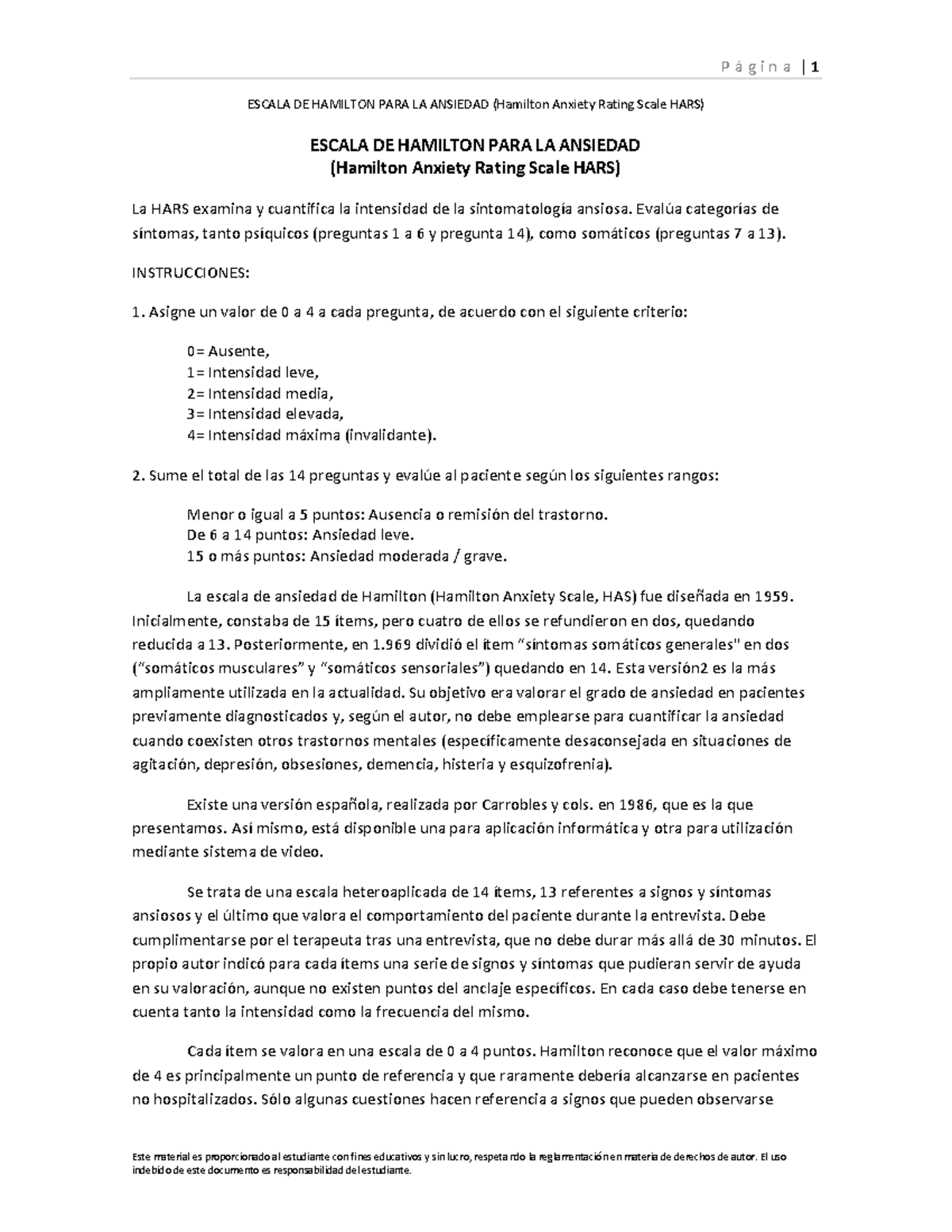 Manual Escala DE Ansiedad DE Hamilton - ESCALA DE HAMILTON PARA LA ...