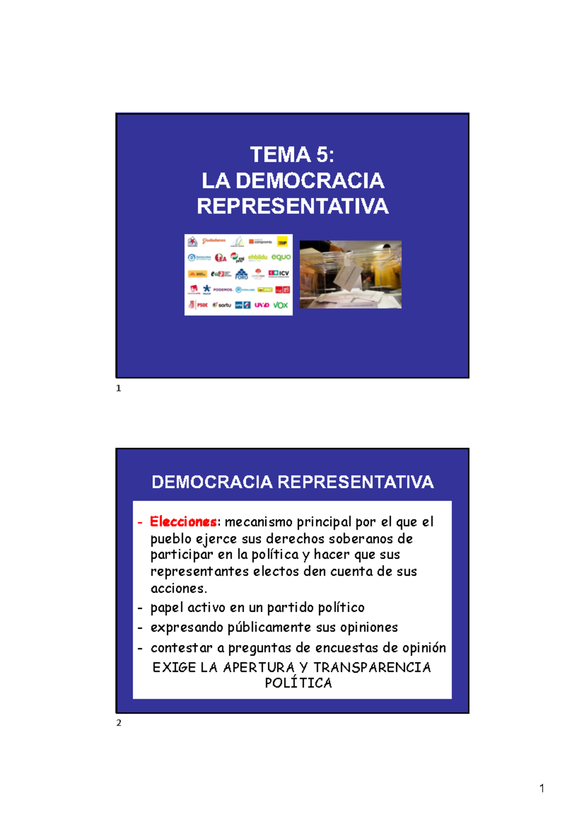 TEMA 5 - TEMA 5: LA DEMOCRACIA REPRESENTATIVA 1 DEMOCRACIA REPRESENTATIVA - Elecciones ...