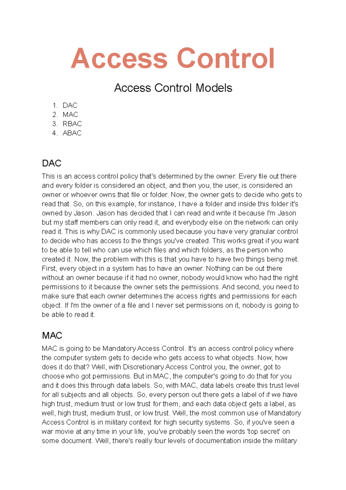 Access Control - Access Control Access Control Models 1. DAC 2. MAC 3 ...