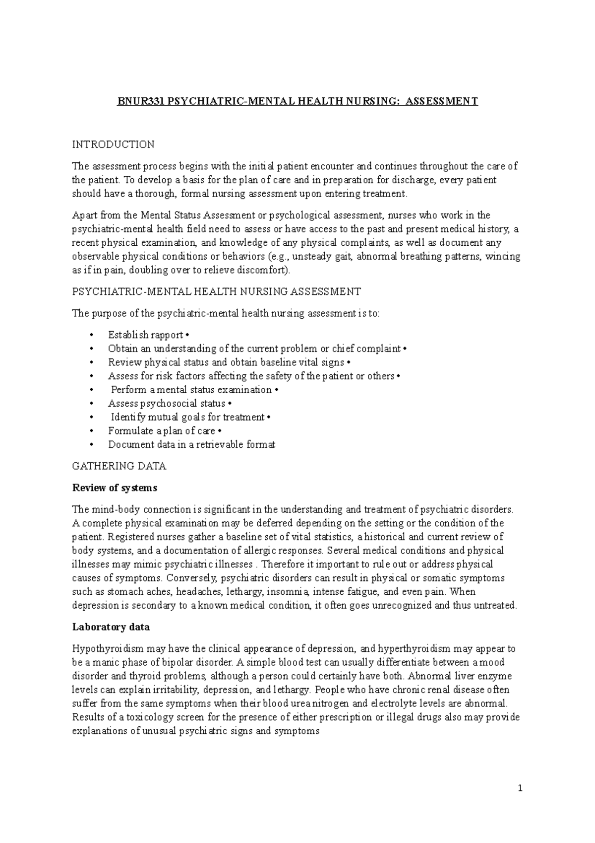 BNUR331 Mental Health Nursing Mental Status Assessment - BNUR331 ...