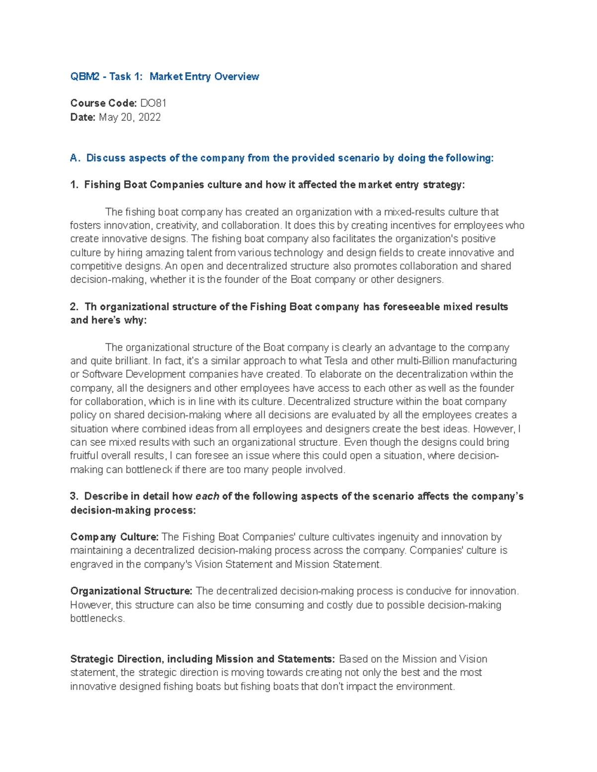 QBM2 - Passed Task 2 - QBM2 - Task 1: Market Entry Overview Course Code ...