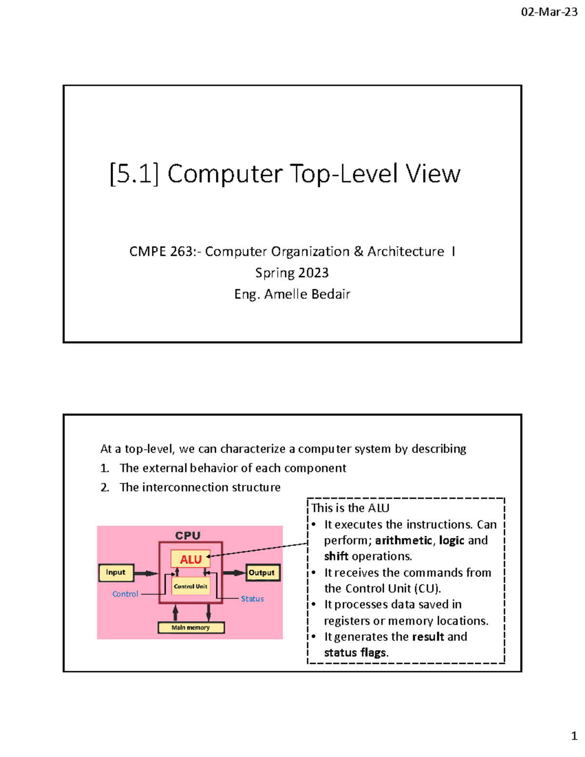 [05 1] Top Level View - Lecture note summary - [5] Computer Top‐Level View CMPE 263:‐ Computer ...