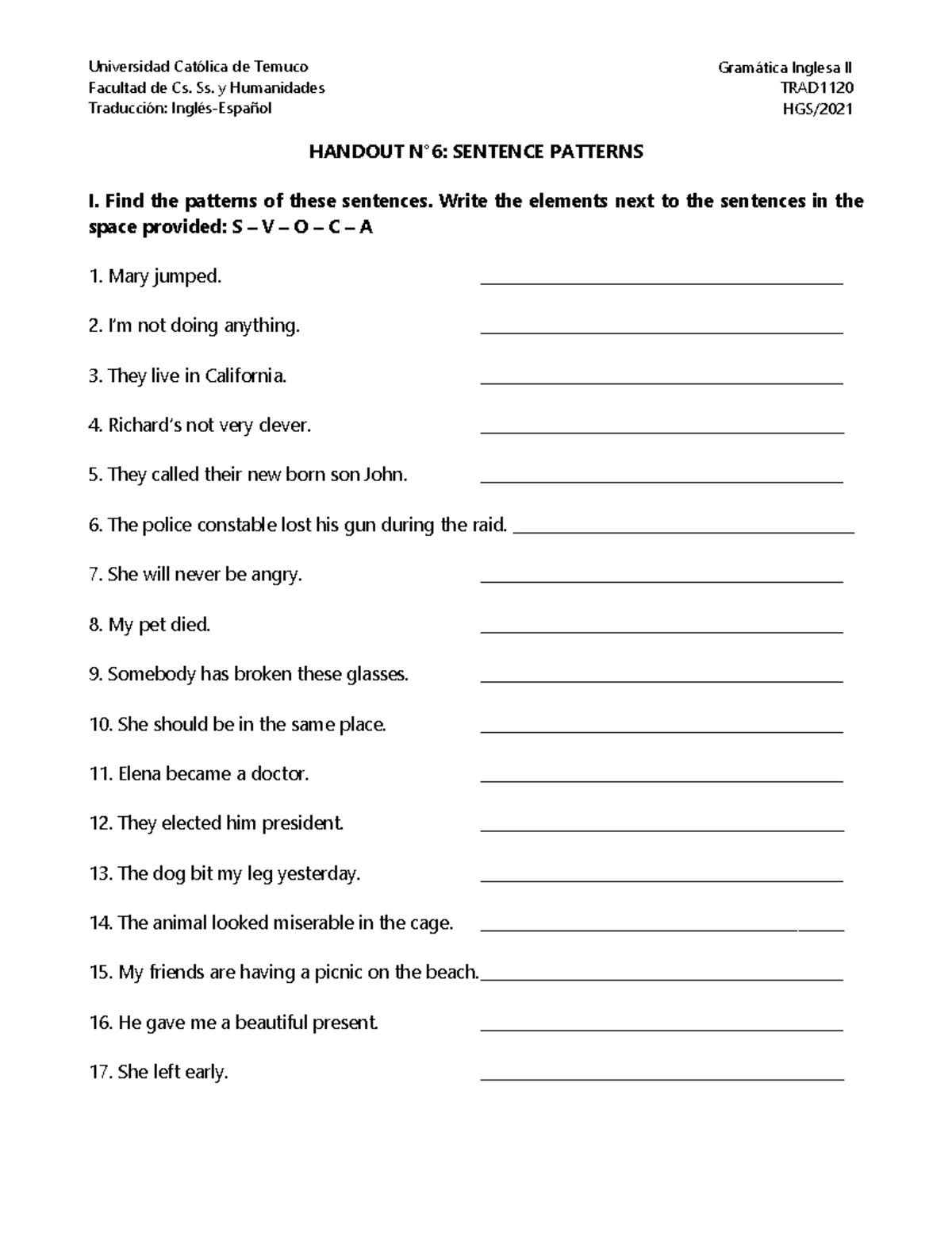 Handout N°6 Sentence Patterns - Inglés IV - UC Temuco - Studocu