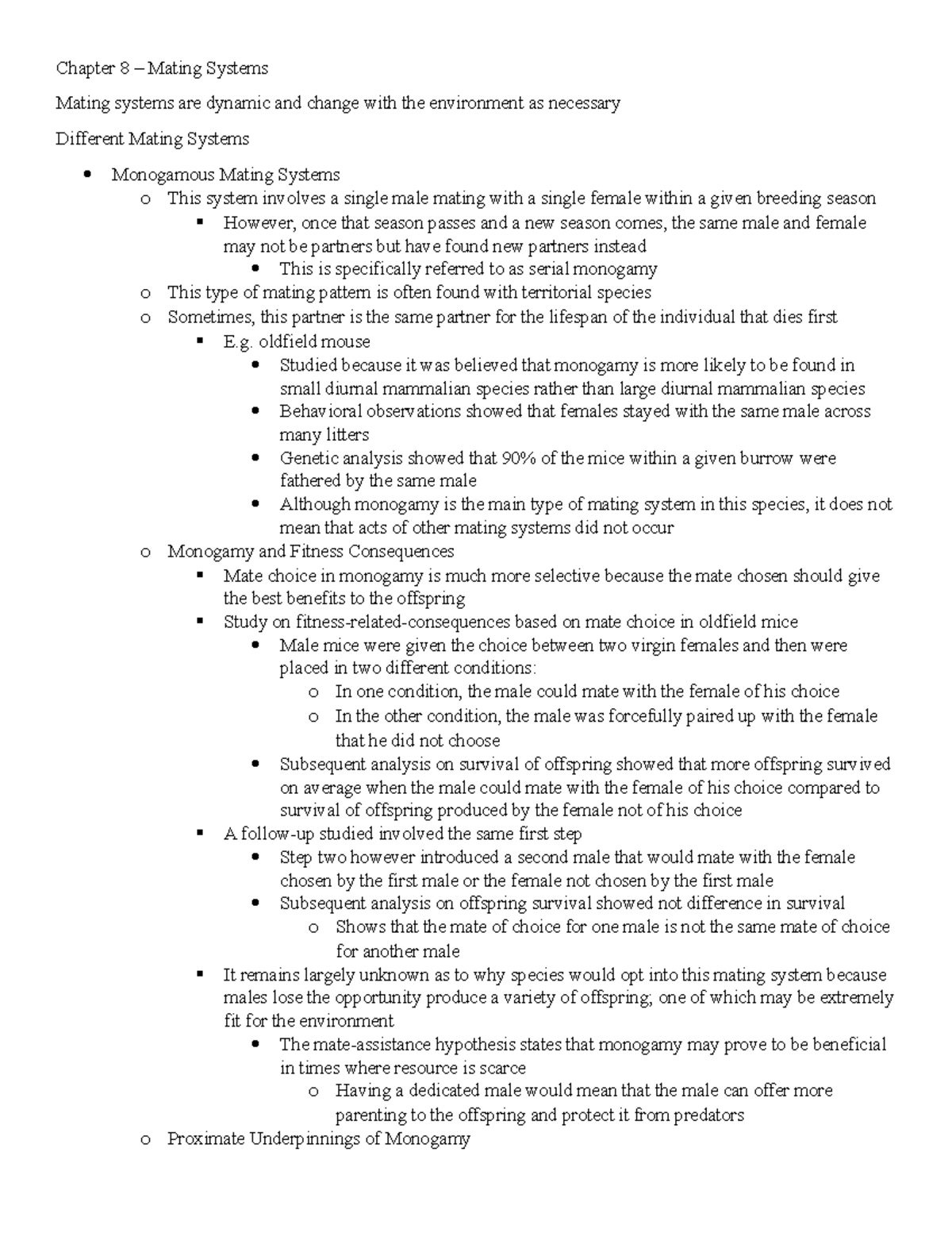 Chapter 8 - Mating Systems - Chapter 8 – Mating Systems Mating systems ...