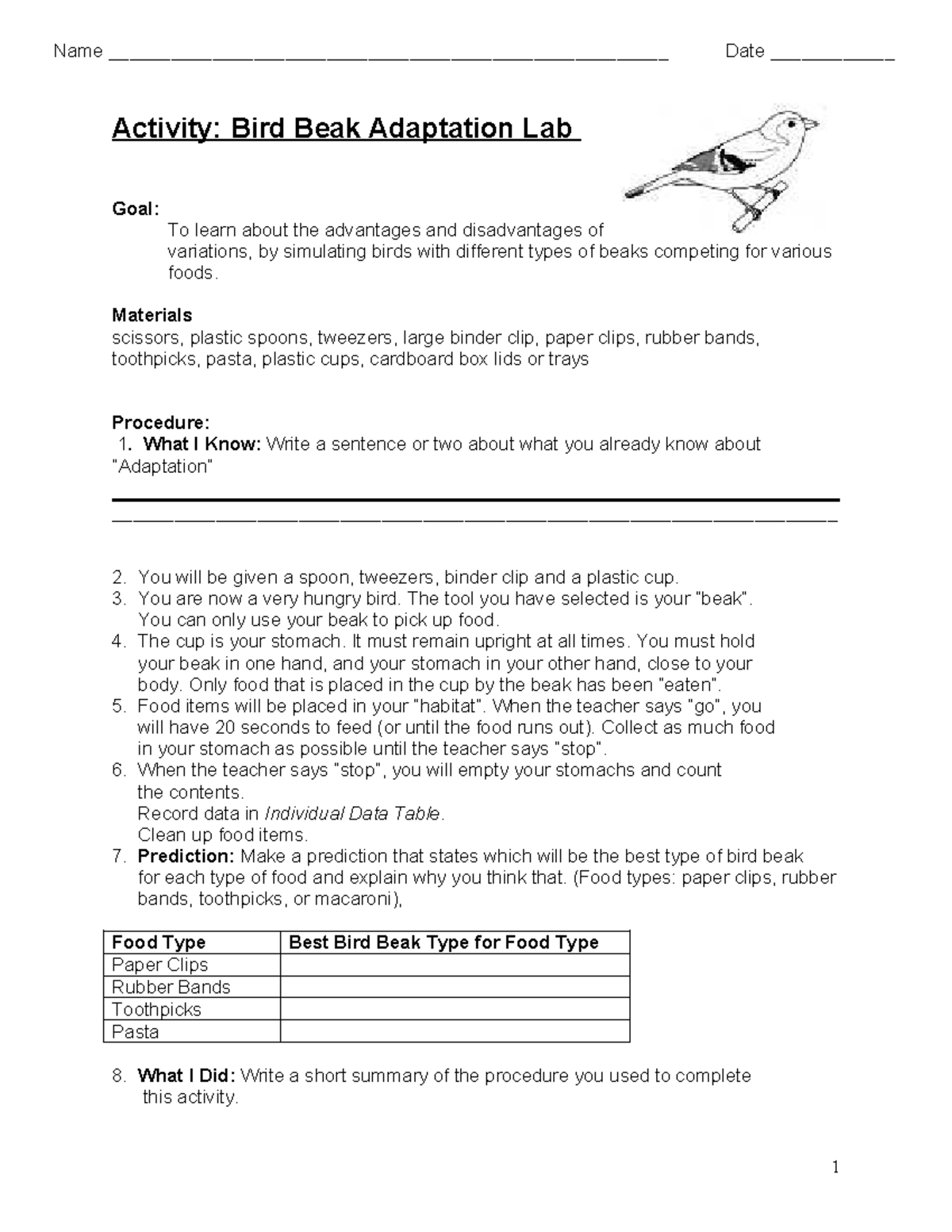 Bird Beak Adaptations Lab - Activity: Bird Beak Adaptation Lab Goal: To ...