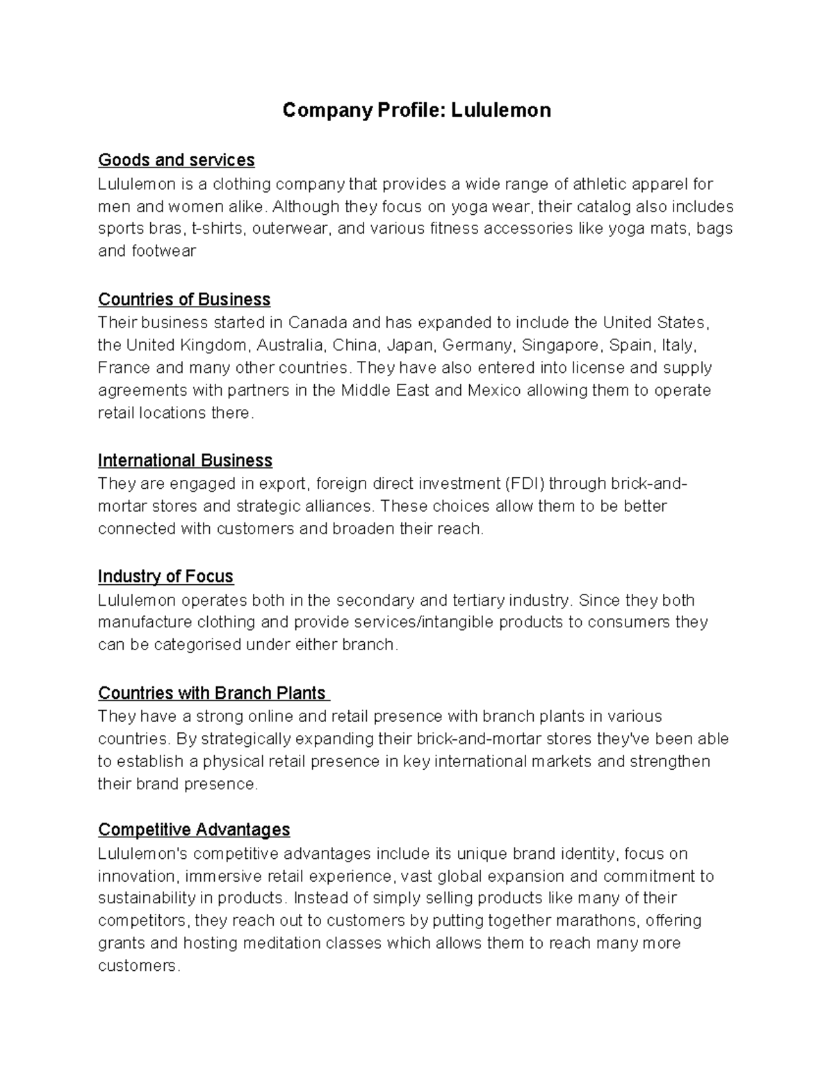 Company Profile Lululemon - Company Profile: Lululemon Goods and ...