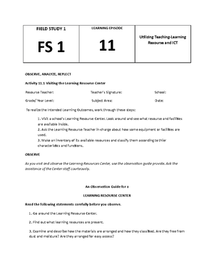FS1 Ep 11 - Material use for academic purposes - FIELD STUDY 1 – Episode 11 Utilizing - Studocu